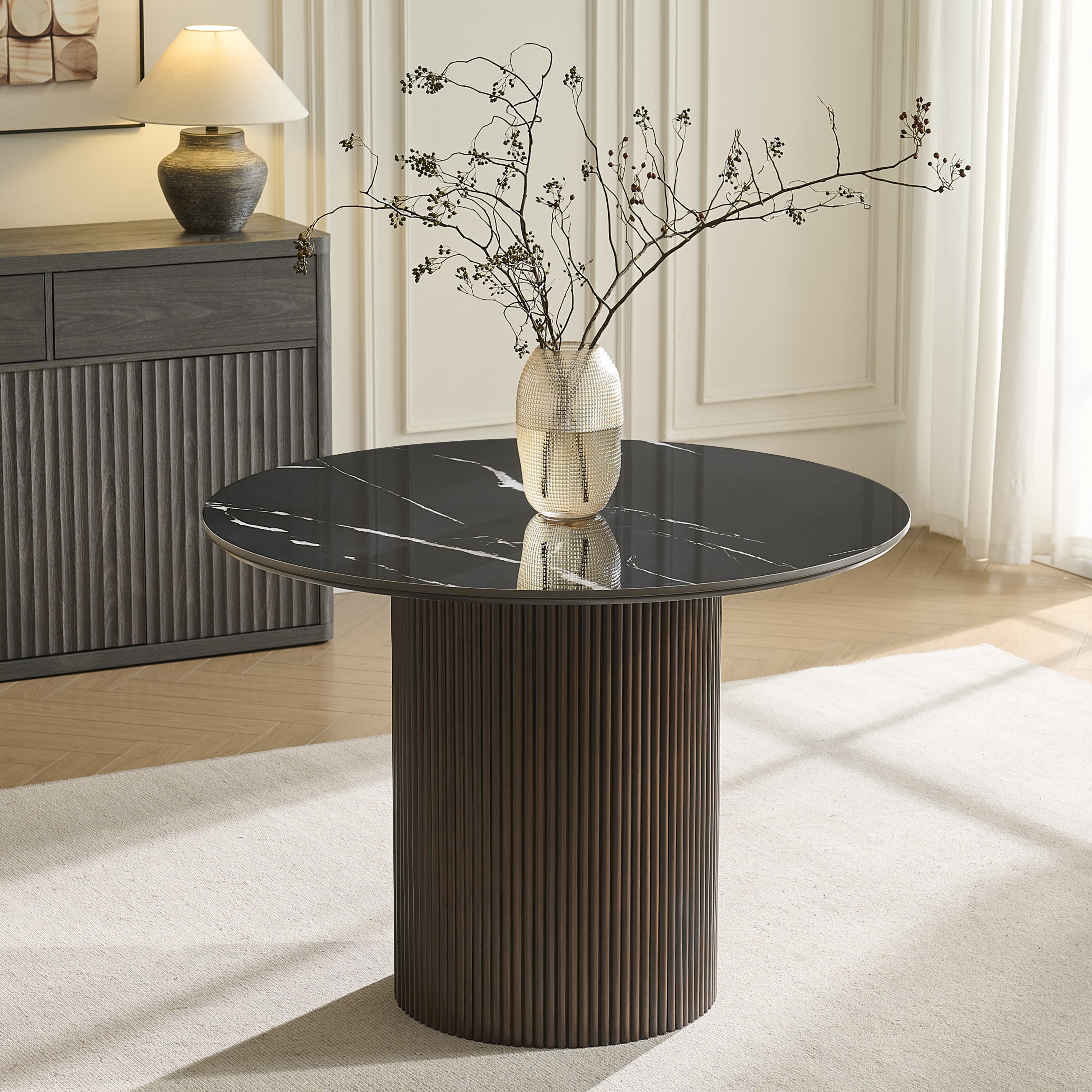 Latitude Run® 42" Round Faux Marble Dining Table With Wood Fluted Base ...