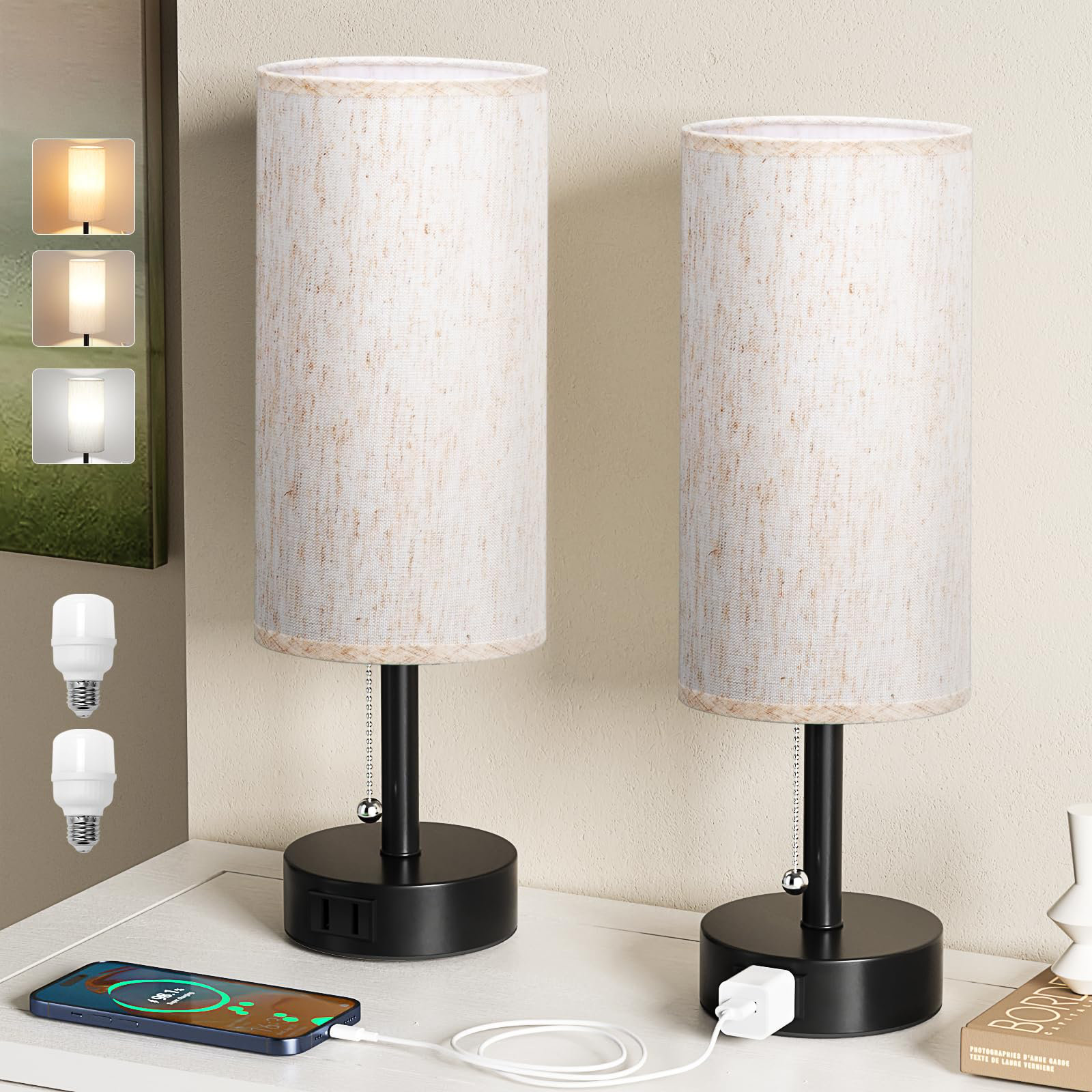 Latitude Run® Bedside Table Lamps Set of 2-3 Color Temperatures Pull ...