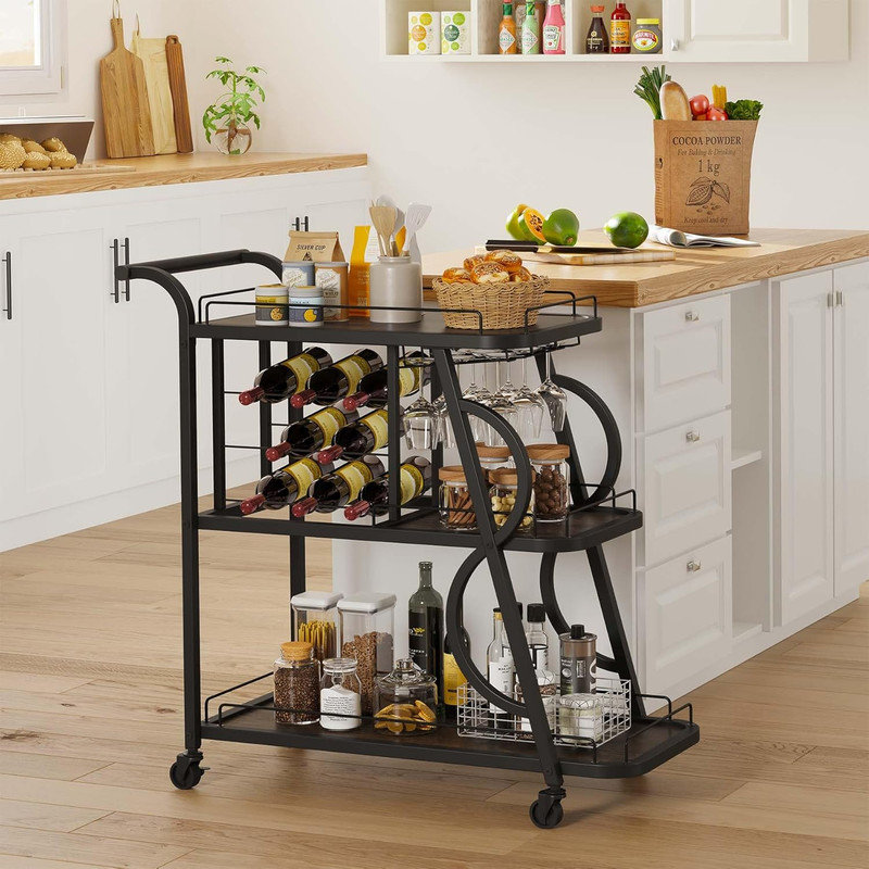 Everly Quinn Home Bar Serving Cart, Metal Wood Liquor Cart with Wheels ...