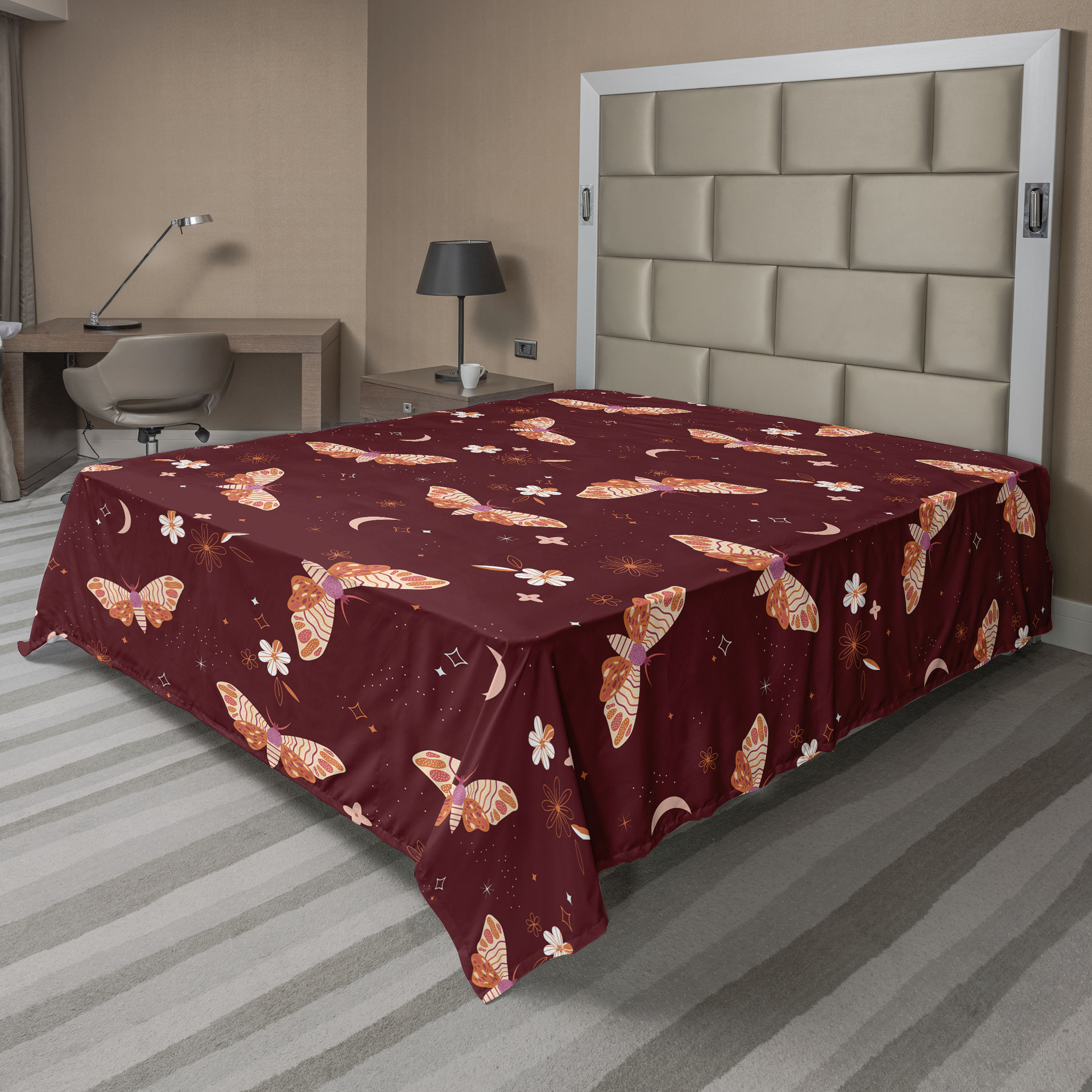 Ambesonne Spring Flat Sheet Butterflies Flowers Moons Dark Maroon and ...