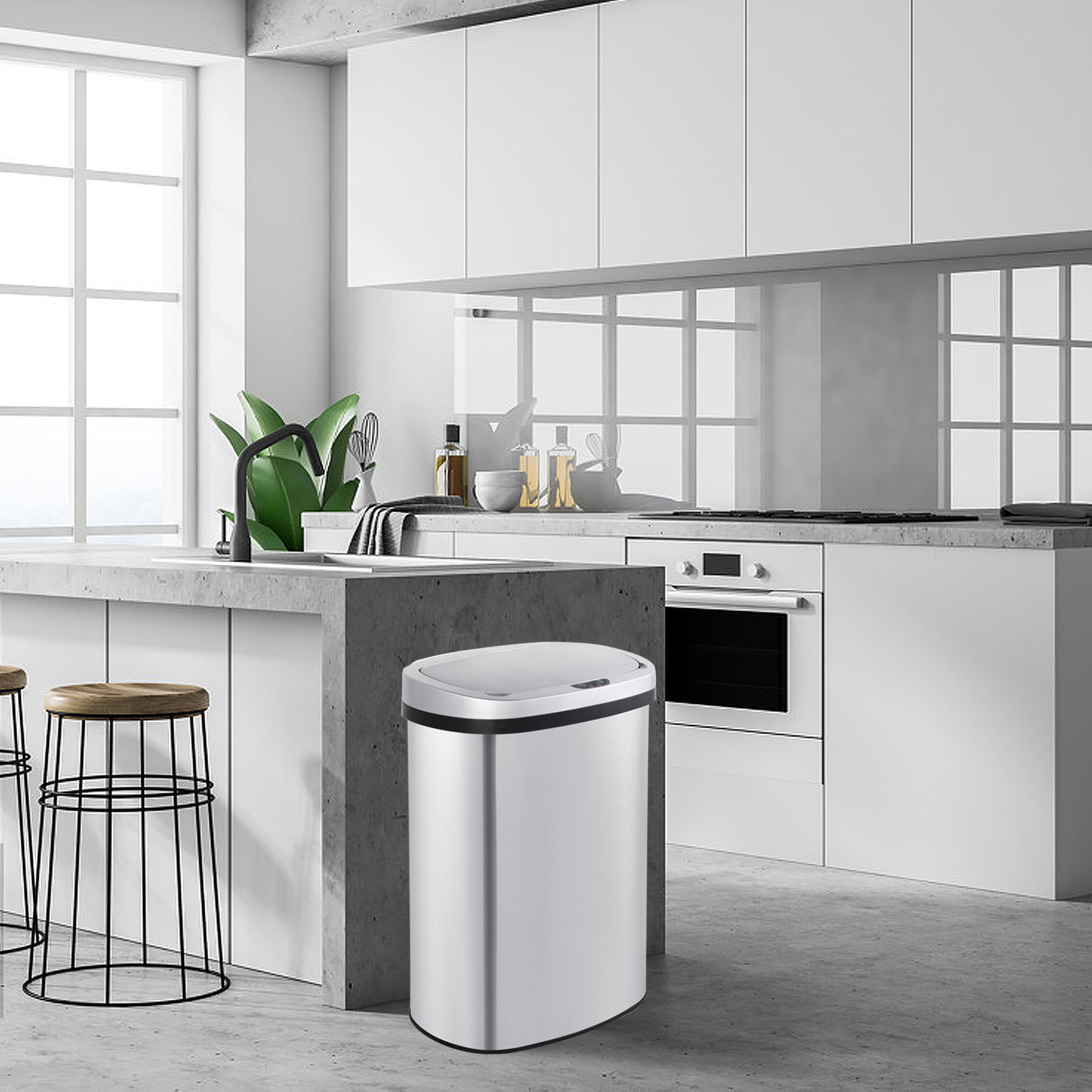 Innovaze 13 Gallon Stainless Steel Oval Kitchen Motion Sensor Trash Can ...