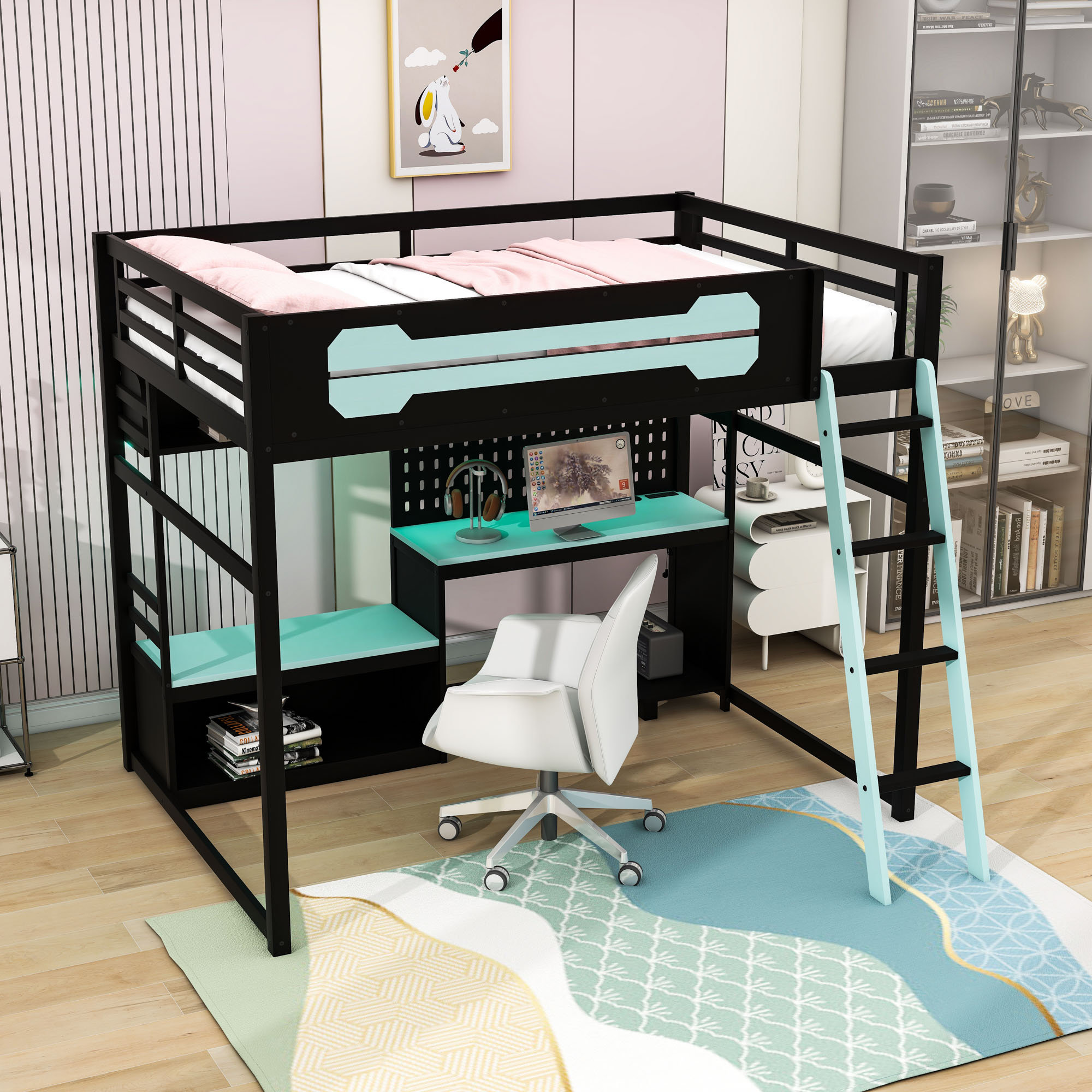Harriet Bee Full Wood Loft Bed With Desk, Shelves, LED Strip, Charing ...