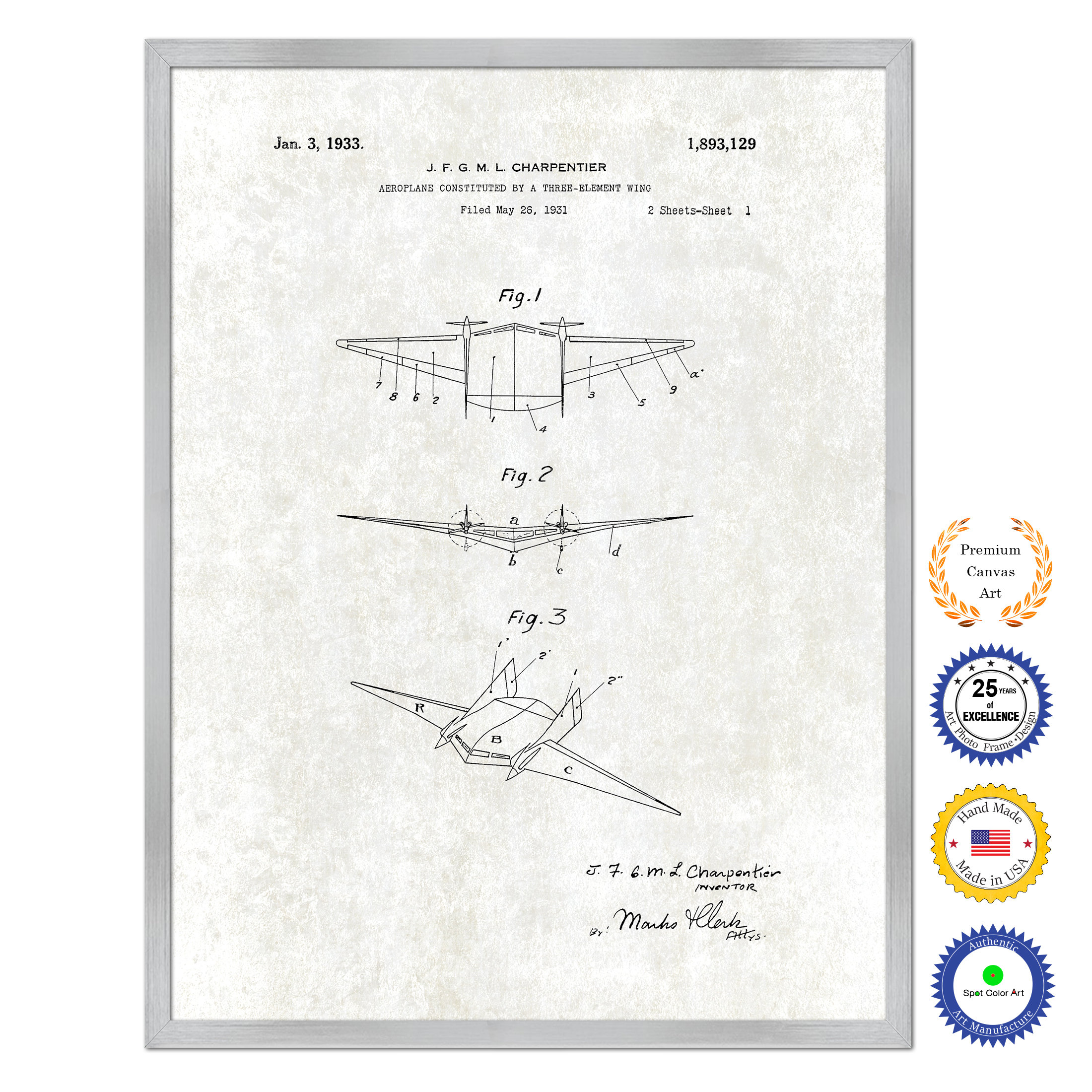 Spot Color Art 1933 Three Element Wing Airplane - Picture Frame Textual ...