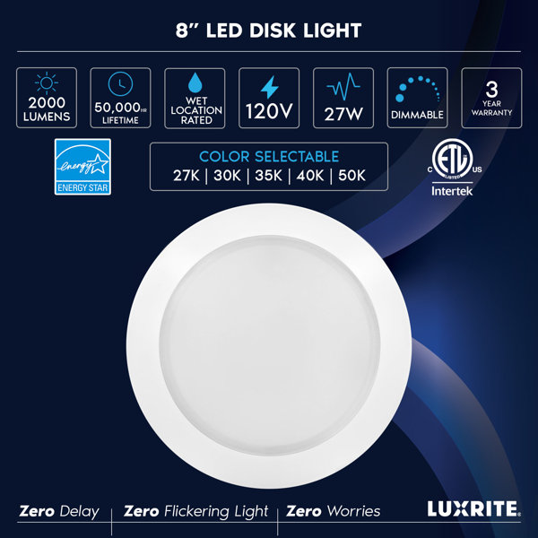 Luxrite 8 Inch LED Disc Lights, 27W, 5CCT 2700K-5000K, 2000LM, Dimmable ...