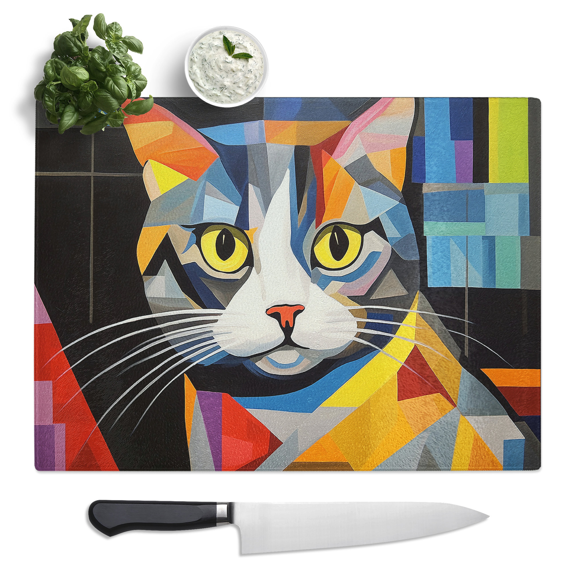 Metro Lane Cat Constructivism Glass Chopping Board | Wayfair.co.uk
