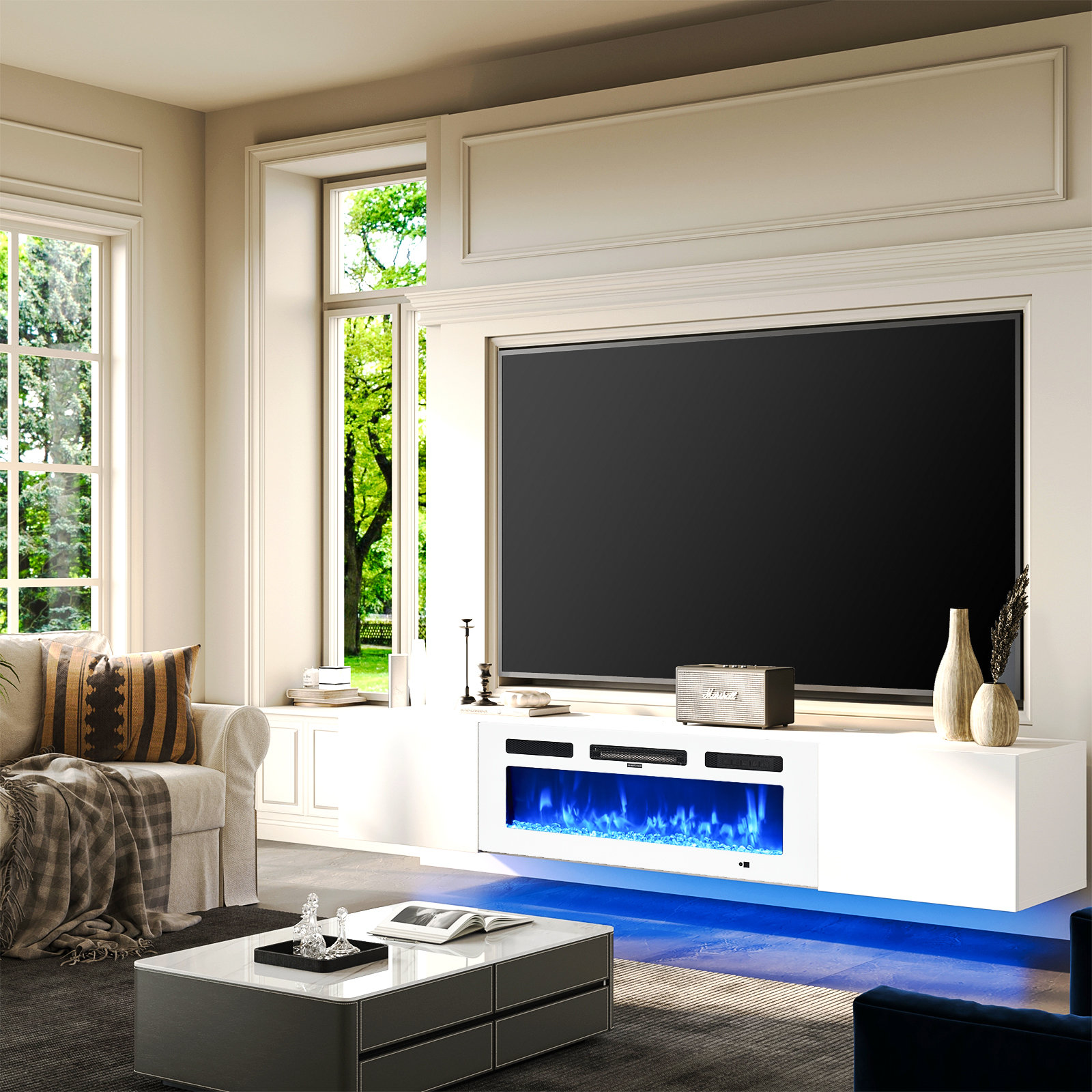 Ivy Bronx Floating Tv Stand With 36" Electric Fireplace, Wall Mounted ...