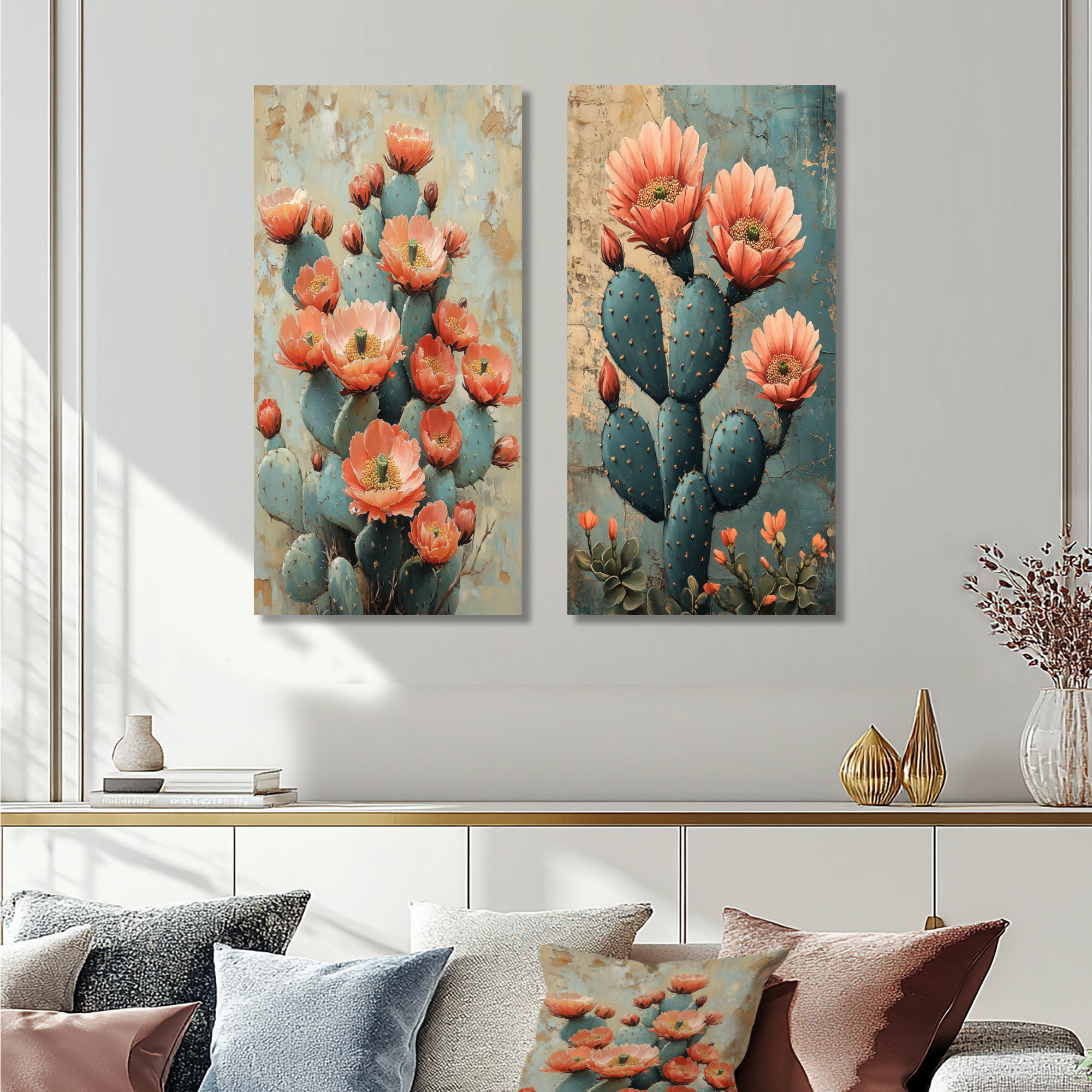 Dakota Fields Pink And Green Cactus Ruby Blooms I - Floral Cactus Wall Art 2 Pieces Set | Wayfair