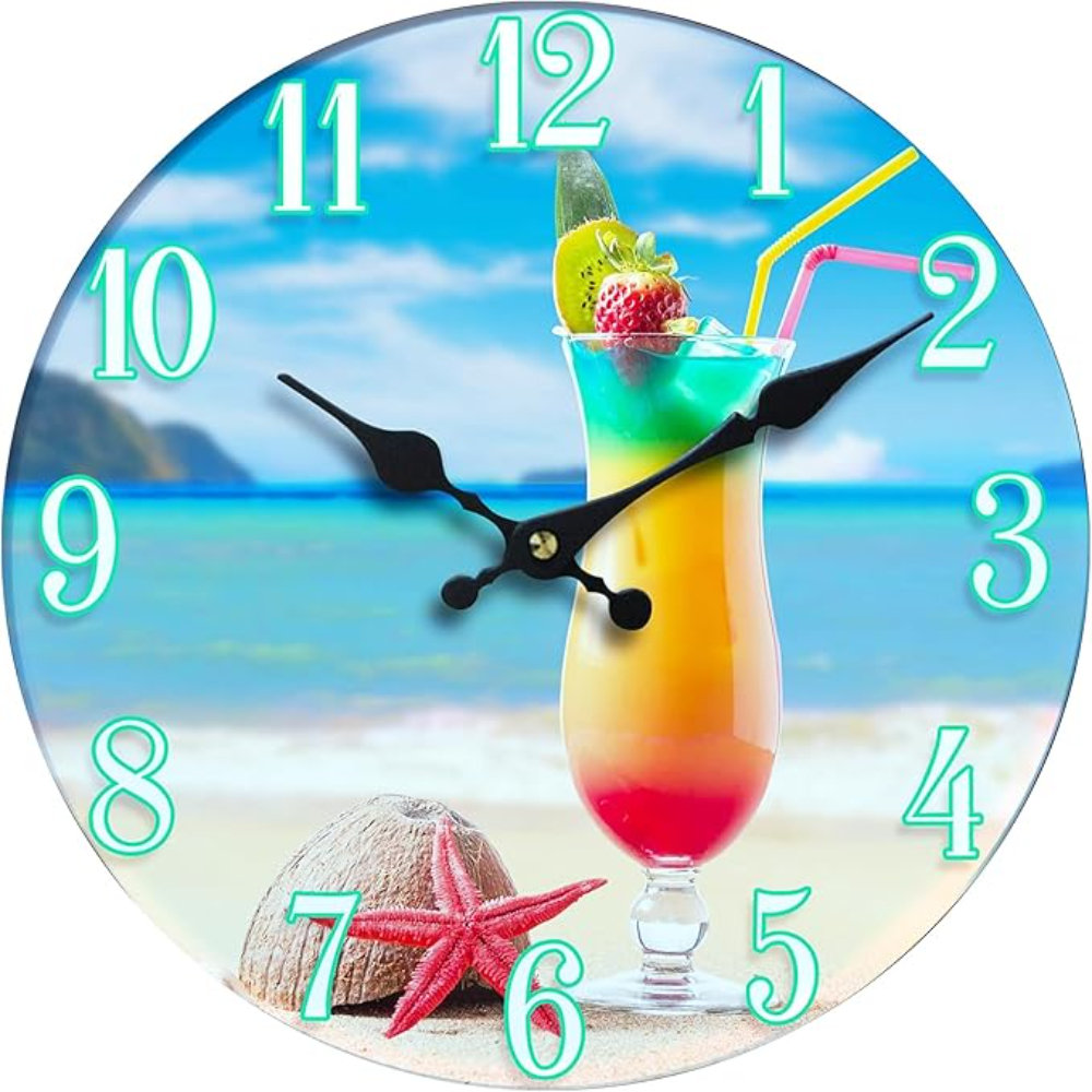 Bay Isle Home™ 13" Glass Beach Drink Clock - Ocean Drinks And Coconut ...