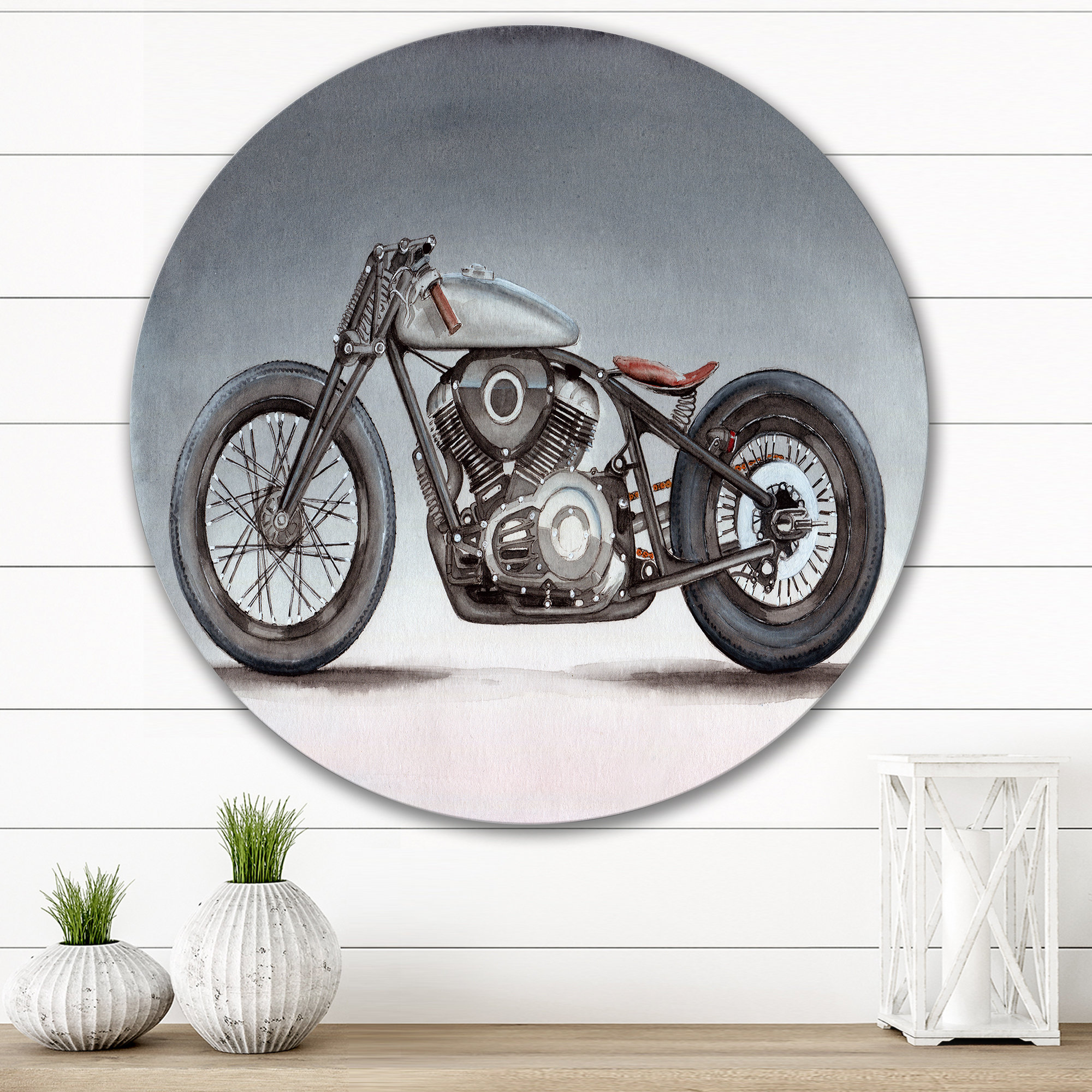 East Urban Home Custom Motorcycle On Grey - Industrial Metal Circle ...