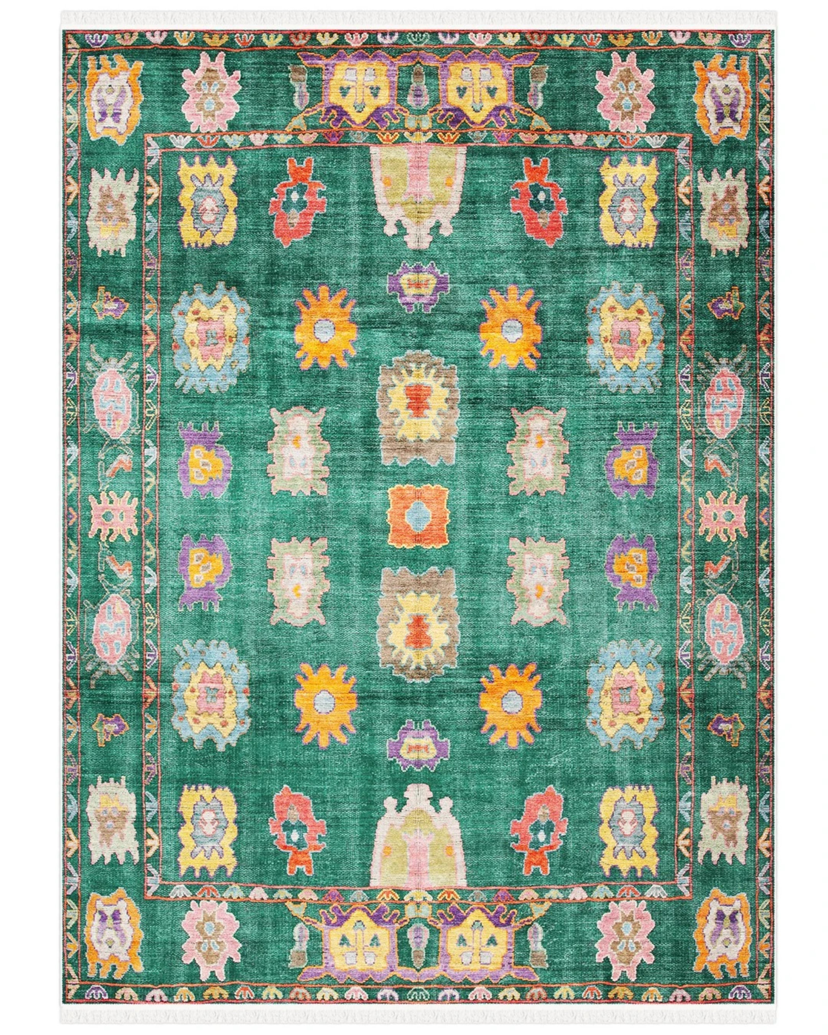 Bungalow Rose Wade Oriental Design Green Carpet Machine Made Cotton ...