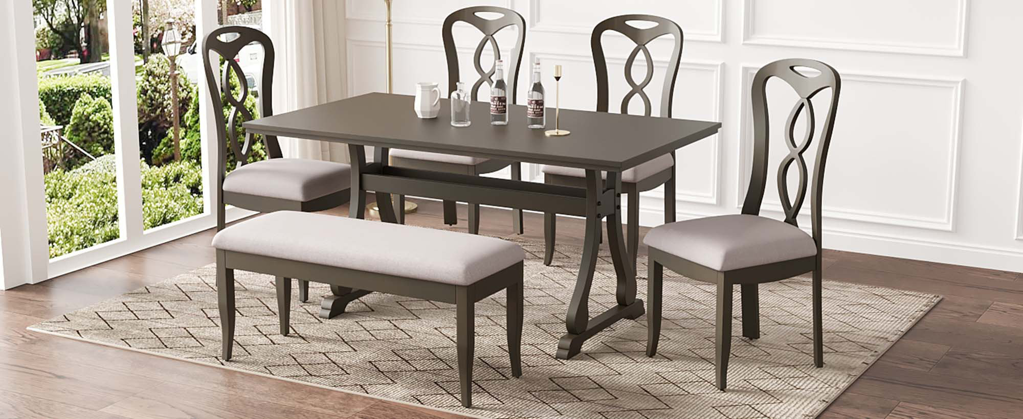 Lark Manor™ Retro 6-Piece Trestle Dining Table Set With Upholstered Dining Chairs And Dining ...