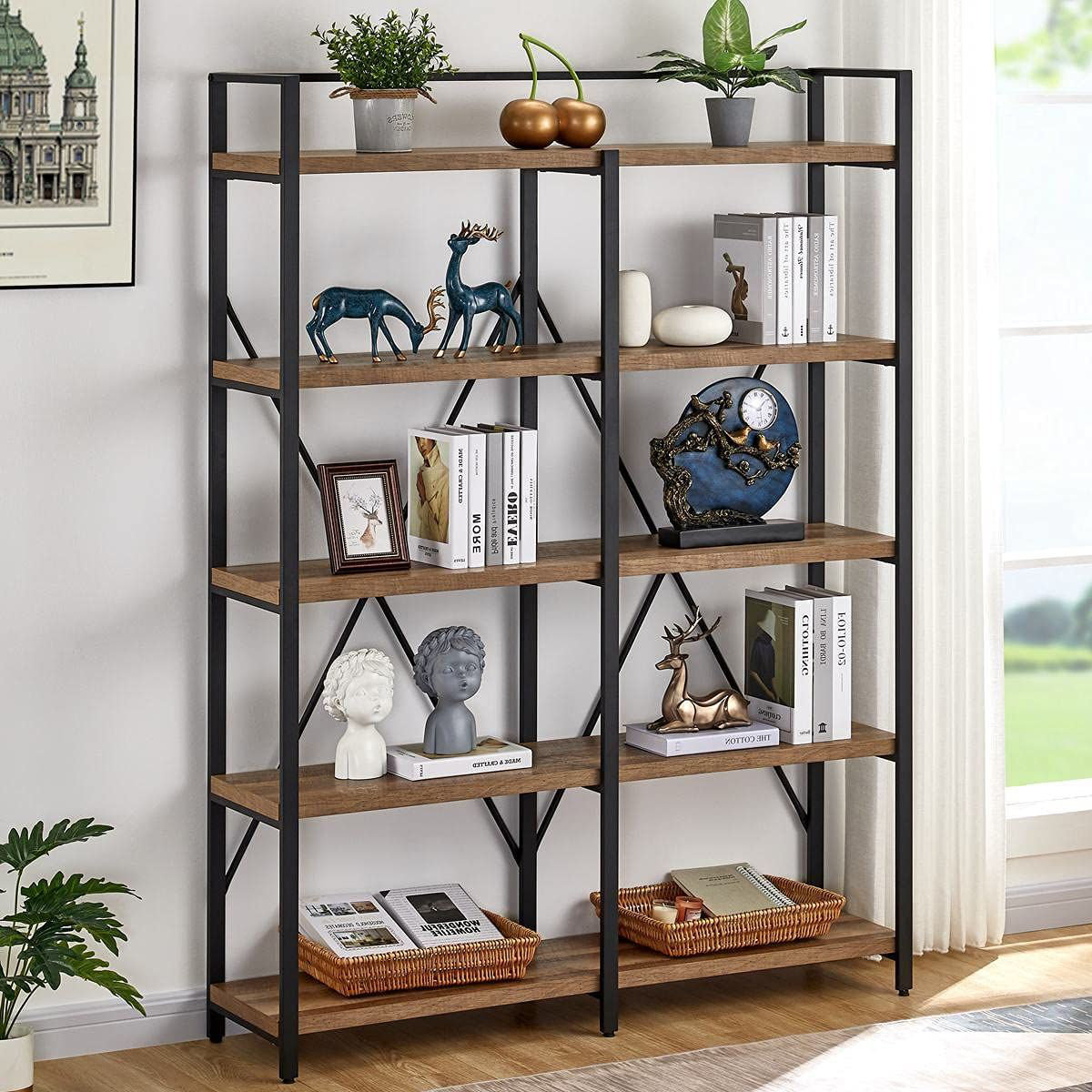 17 Stories 5 Tier Industrial Bookshelf, Rustic Oak | Wayfair