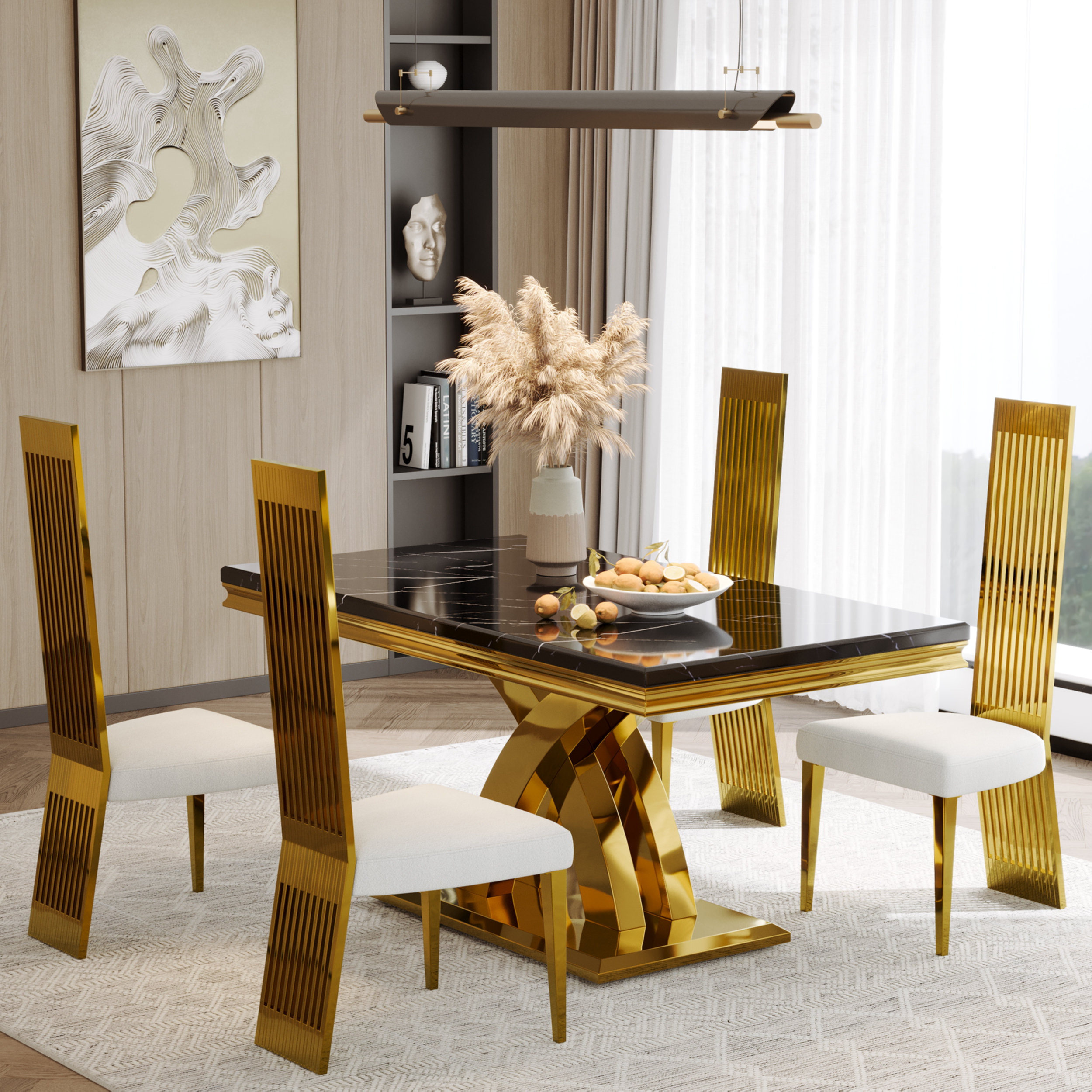 Everly Quinn 5 Piece Modern White Dining Table Set With 4 White Boucle ...