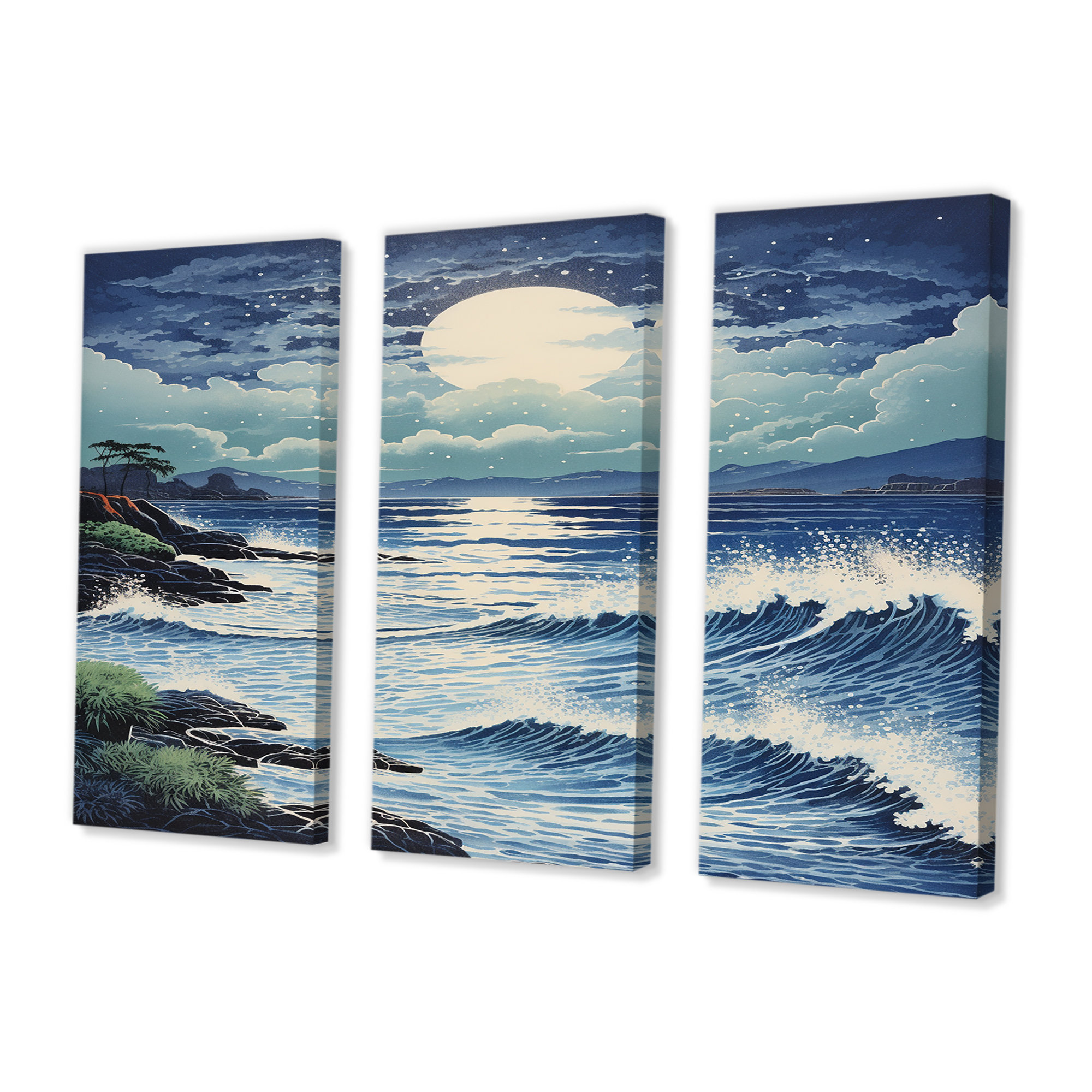 Design Art Wild Full Moon Waves Breaking On The Shore - Beach & Ocean ...
