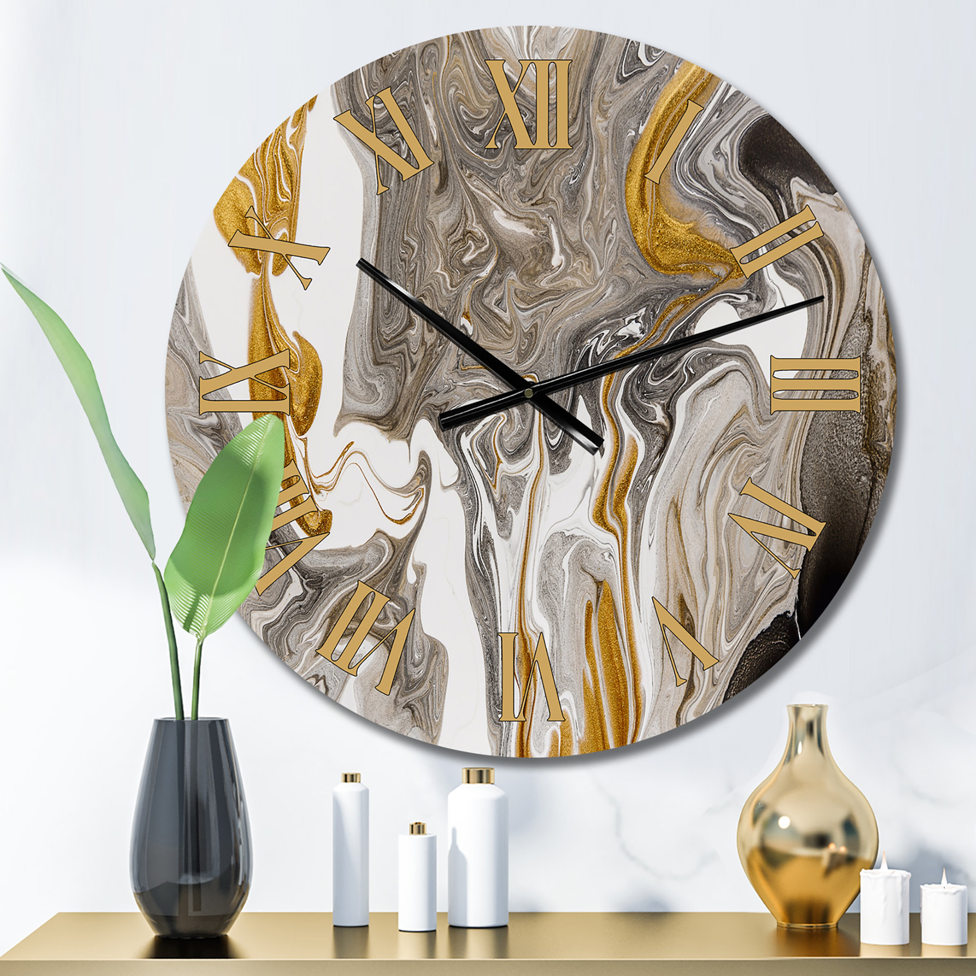 East Urban Home Gold and Grey Marble Waves - Modern Wall Clock | Wayfair