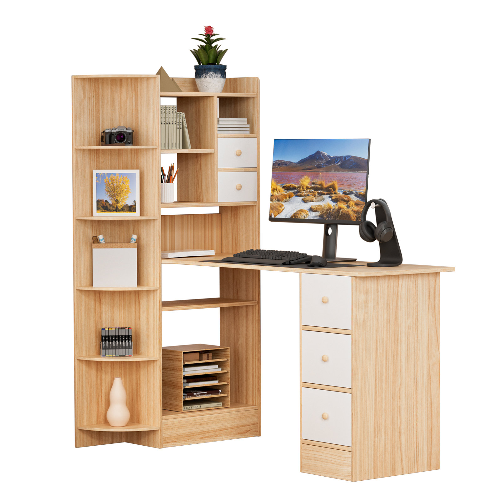 Latitude Run® Arianah Desk Bookshelf Combo, 2-in-1 L-Shaped Computer ...