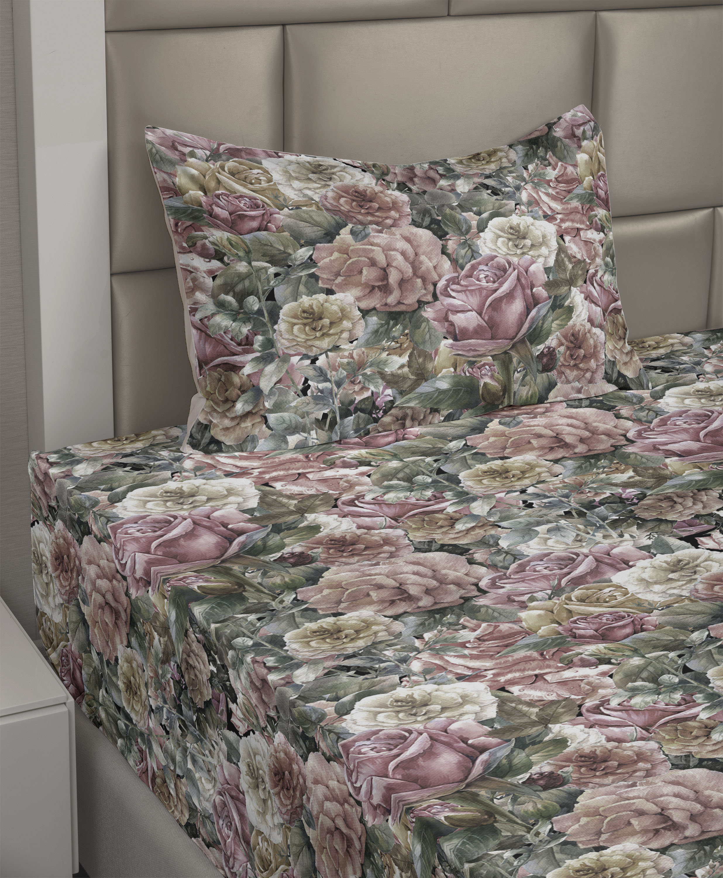Ambesonne Roses Sheet Set Exotic Garden Wild Floral Art Sage Green Pink ...