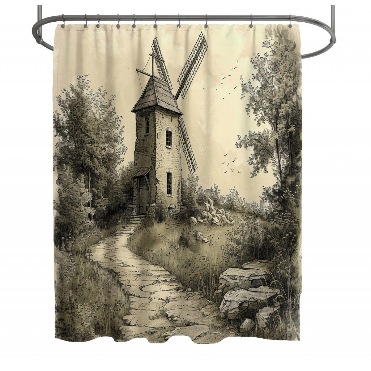 VisionDecor 11934_Windmill Shower Curtain - Landscape Bathroom Decor ...