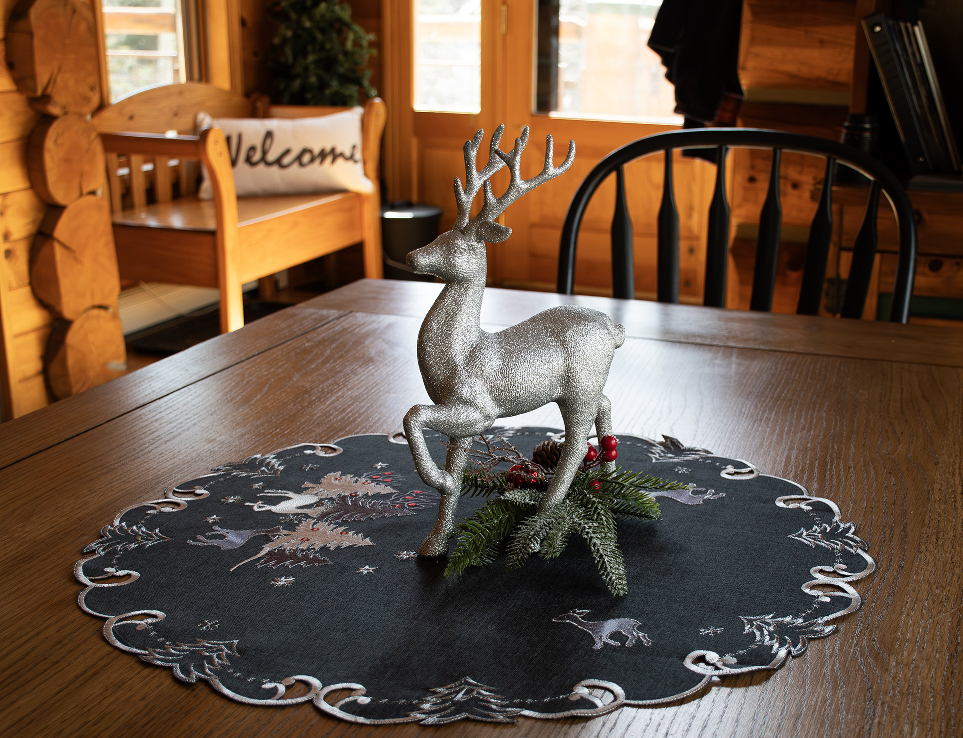 The Holiday Aisle® Judeen Round Dark Gray and Silver Reindeer Table ...