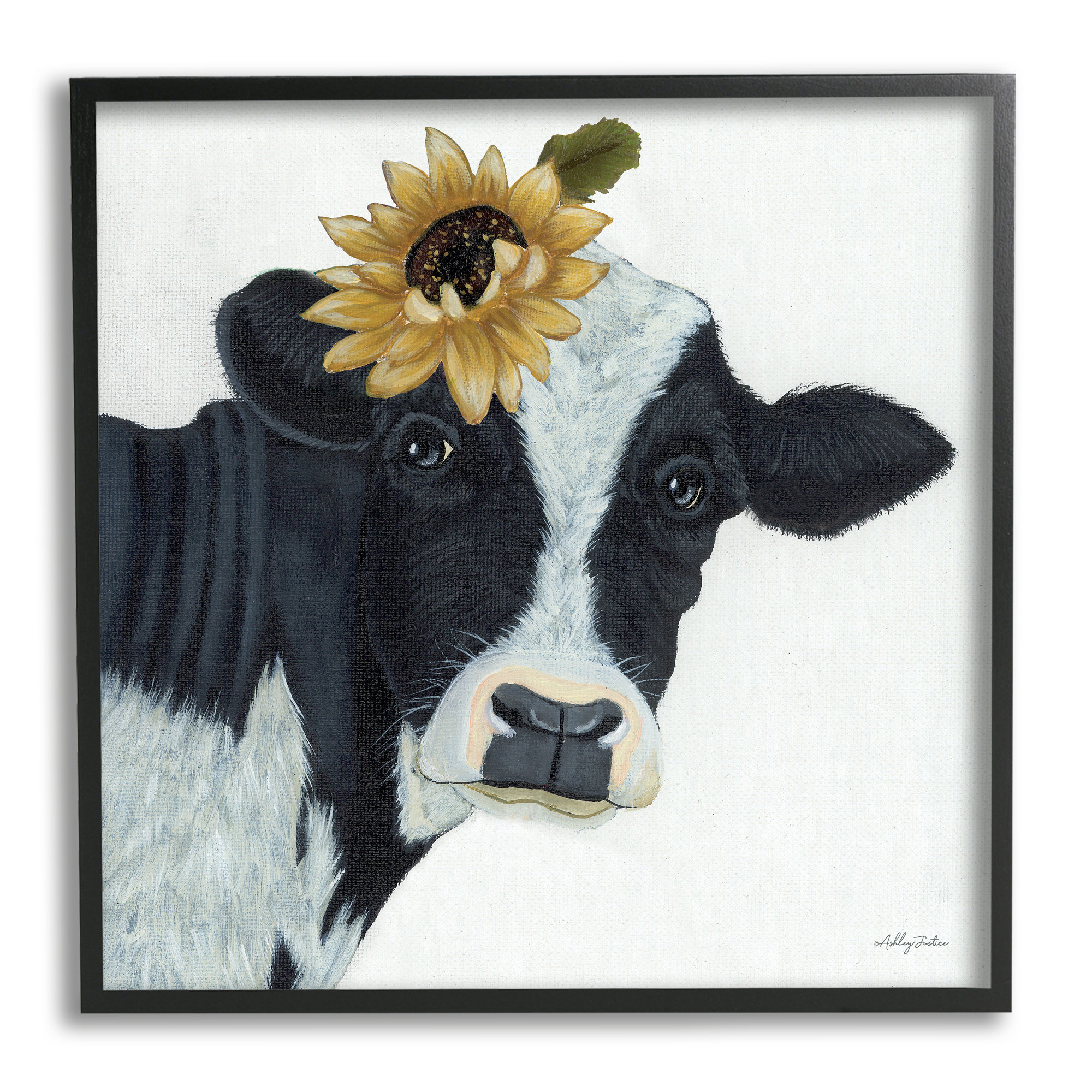 Stupell Industries Cow Portrait Sunflower Blossom Farmhouse Black ...