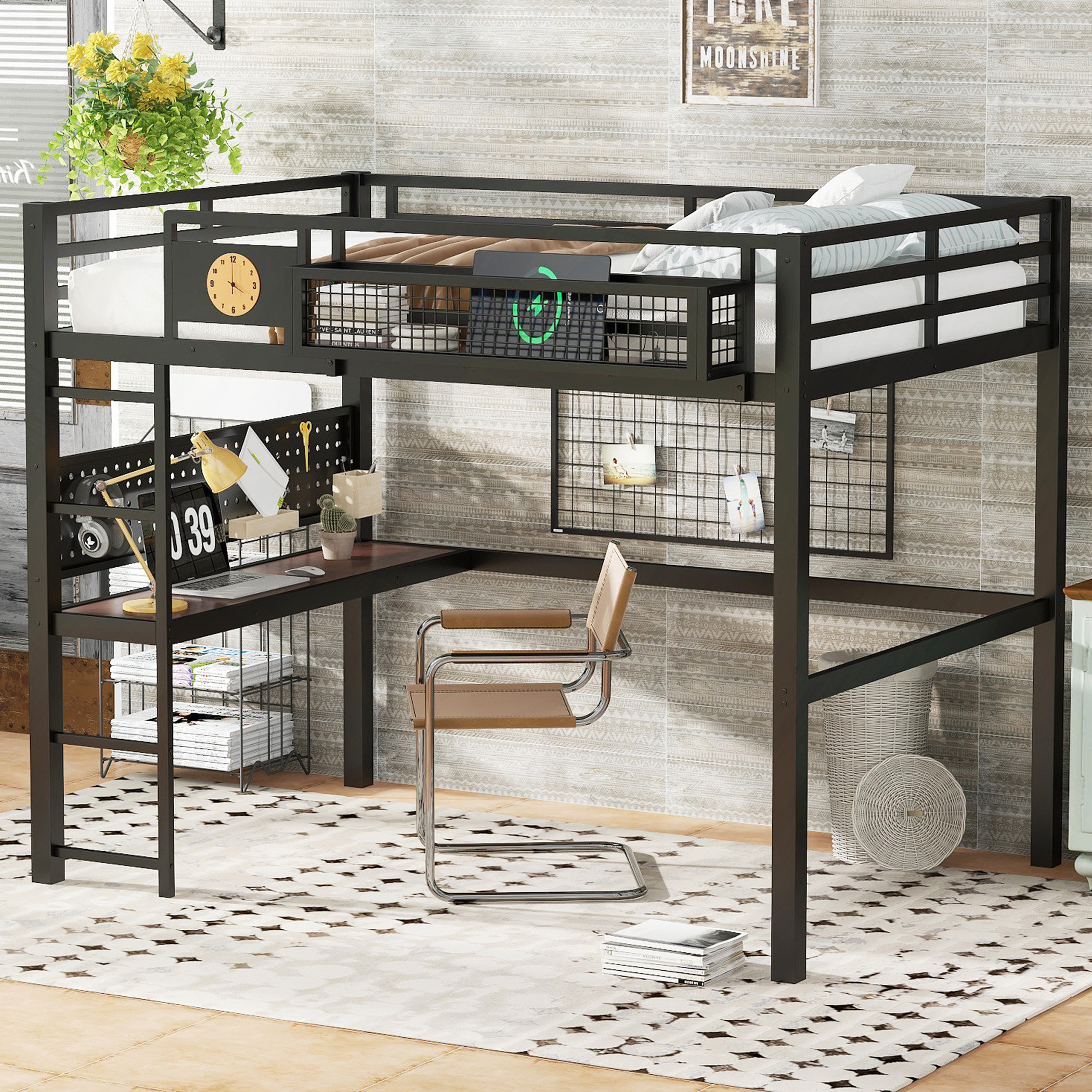Latitude Run® Loft Bed Frame With Desk, Storage Basket,Metal Loft Bed ...