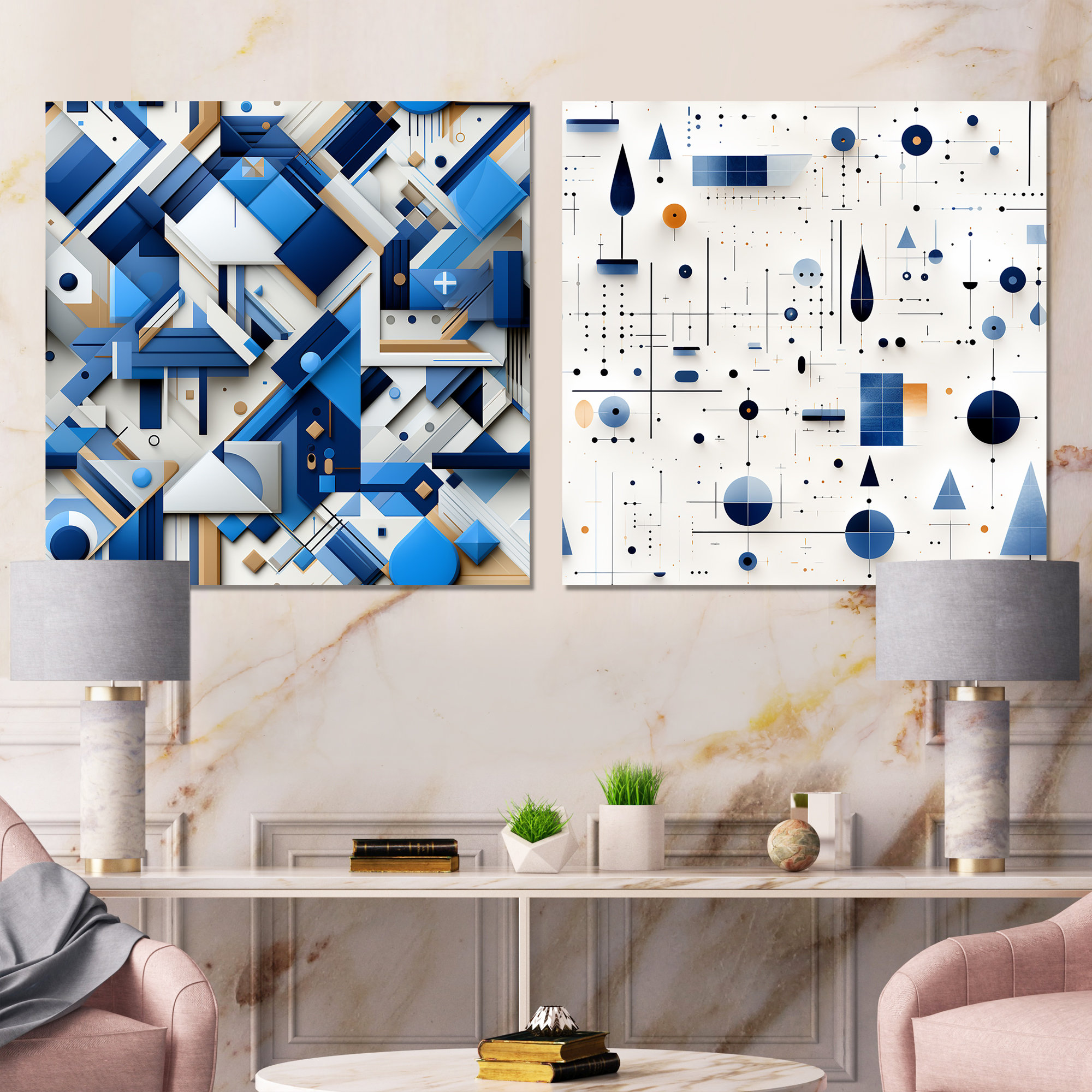 Design Art Blue And White Matrix Grid - Abstract Shapes Wall Art Living ...