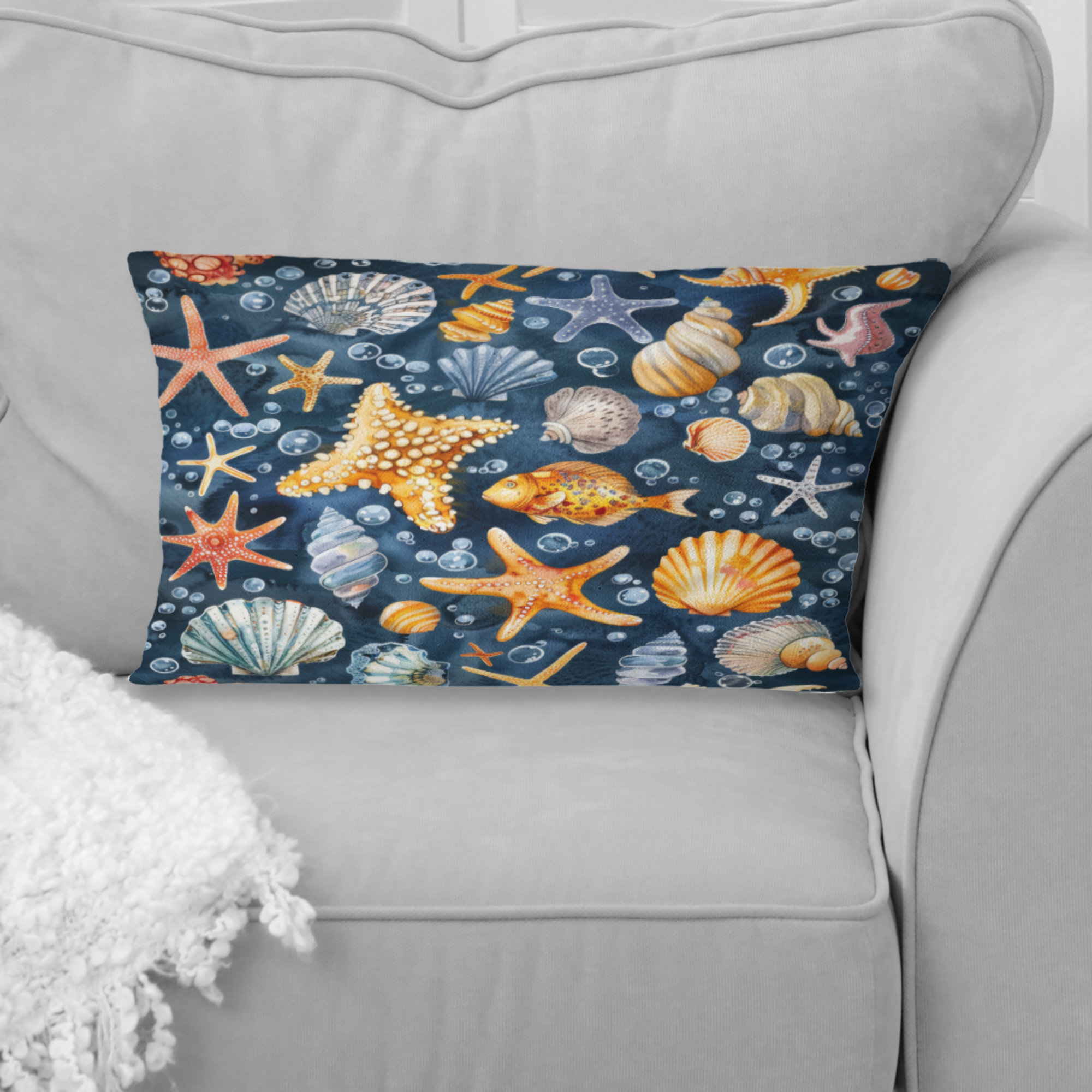 Design Art Orange Blue Coastal Seashells III - Coastal Lumbar Pillow ...