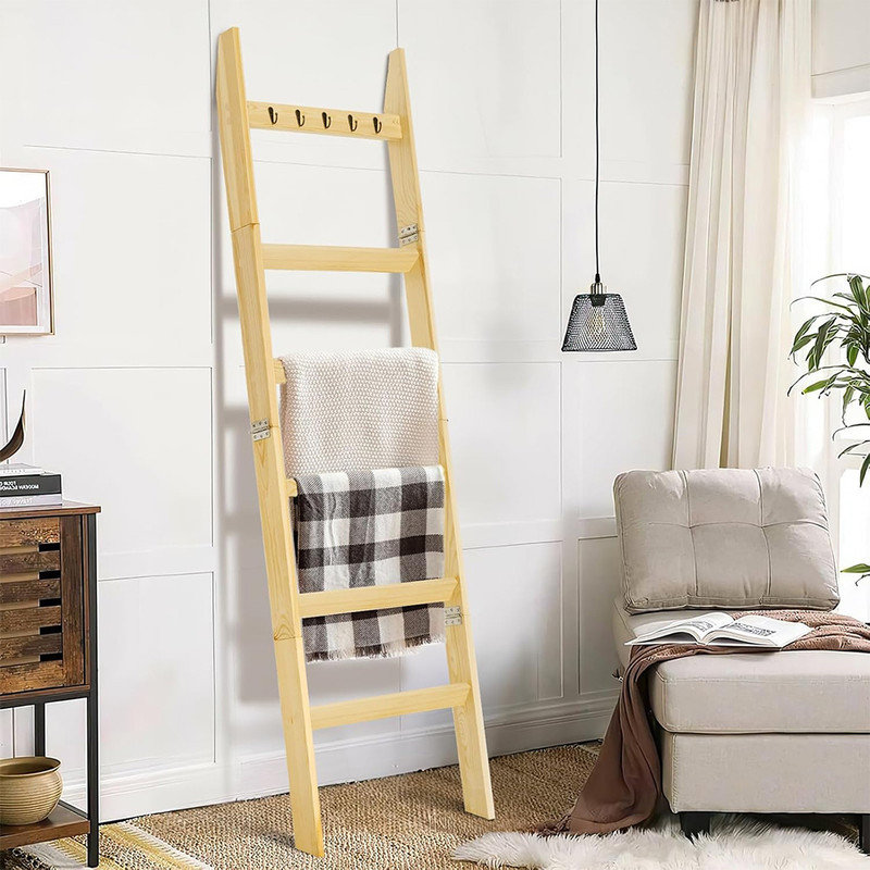 Latitude Run® 6-Tier Blanket Ladder with Hooks, 5.4 Ft Wall Leaning ...