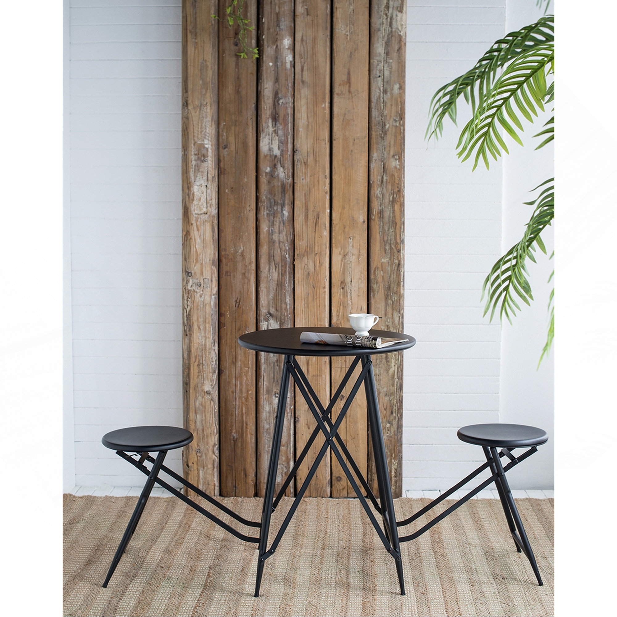 17 Stories 60.83X24x32.3" Black Stowable Side Table And Two Seats | Wayfair