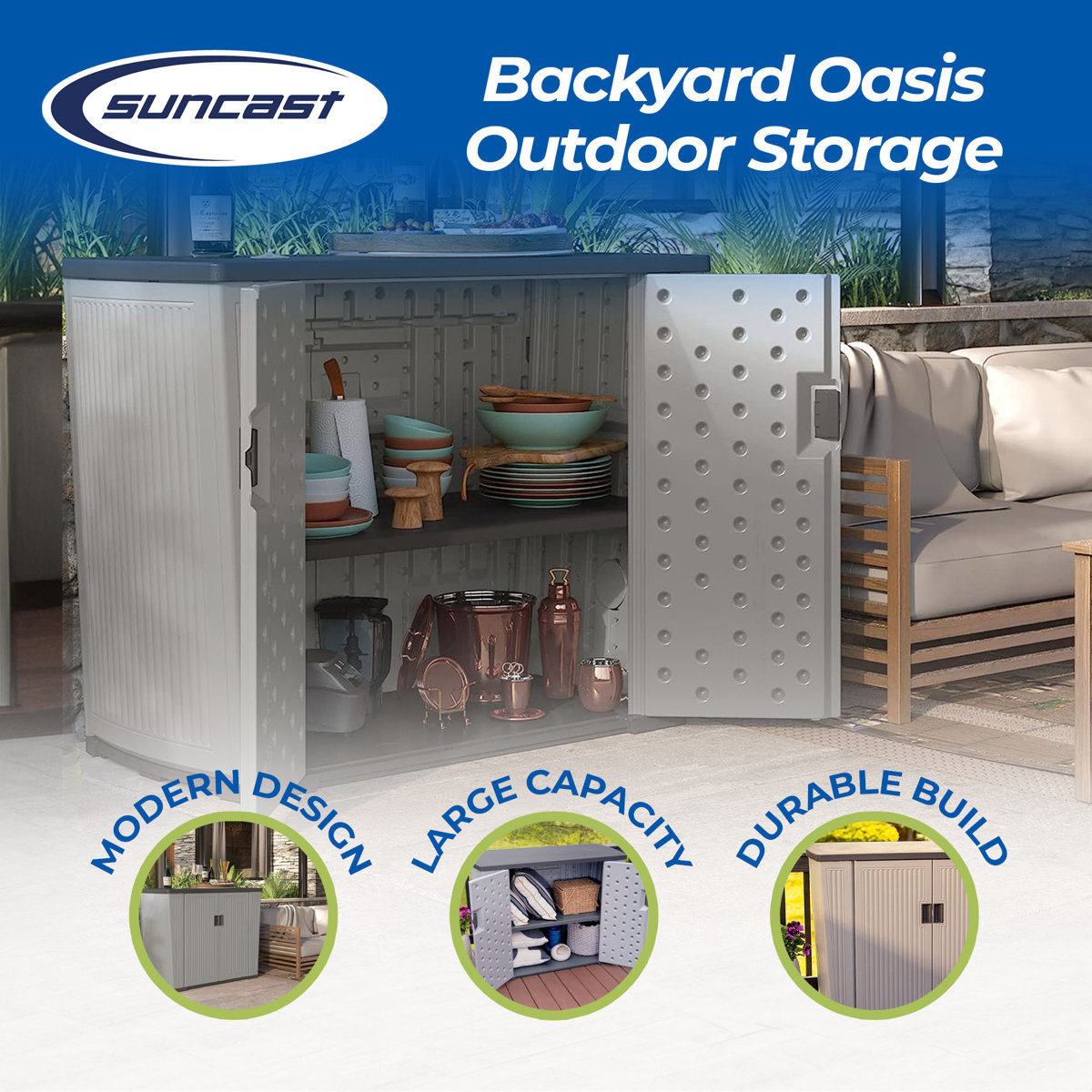 Suncast Backyard Oasis 130 Gallon Outdoor Storage Shed Basic Unit, Dove ...