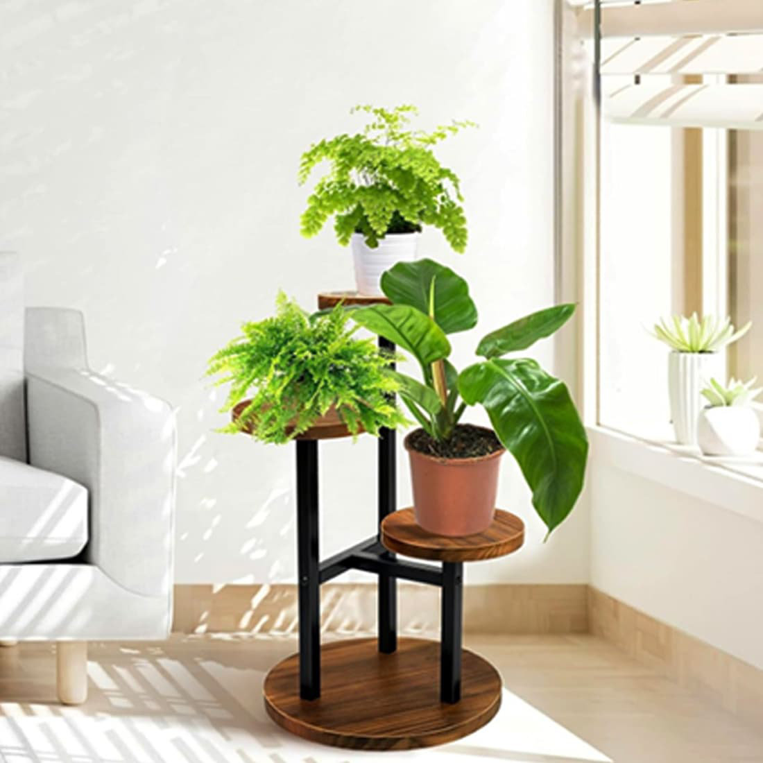 17 Stories 3-Layer Plant Support, Metal Wood Shelf, Indoor And Outdoor ...