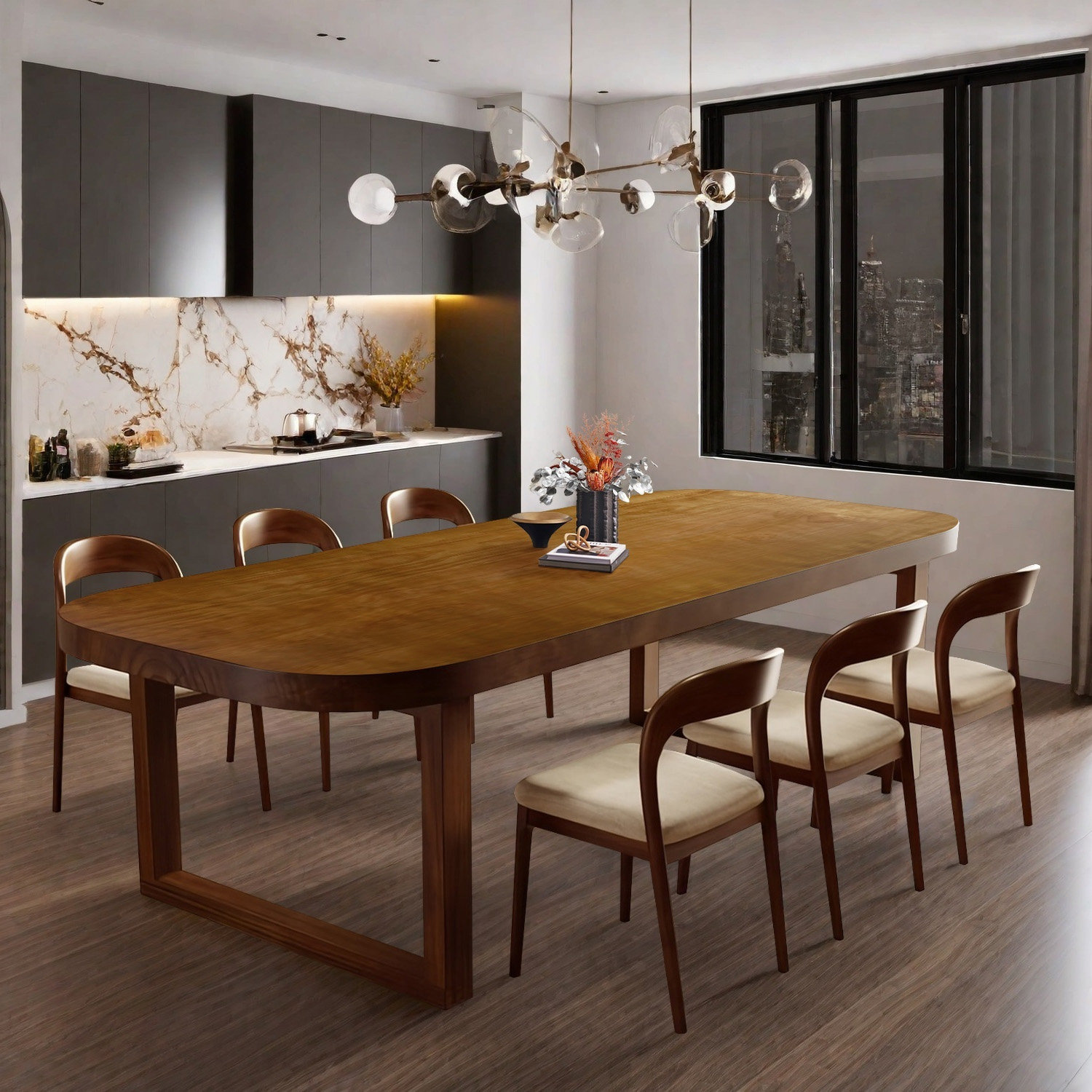 FineFurniture Brown rectangular solid wood dining table set with ...