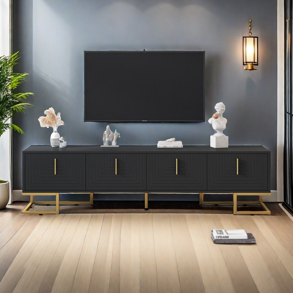 Mercer41 Modern TV Stand With Metal Legs And Gold Handles For Tvs Up To ...