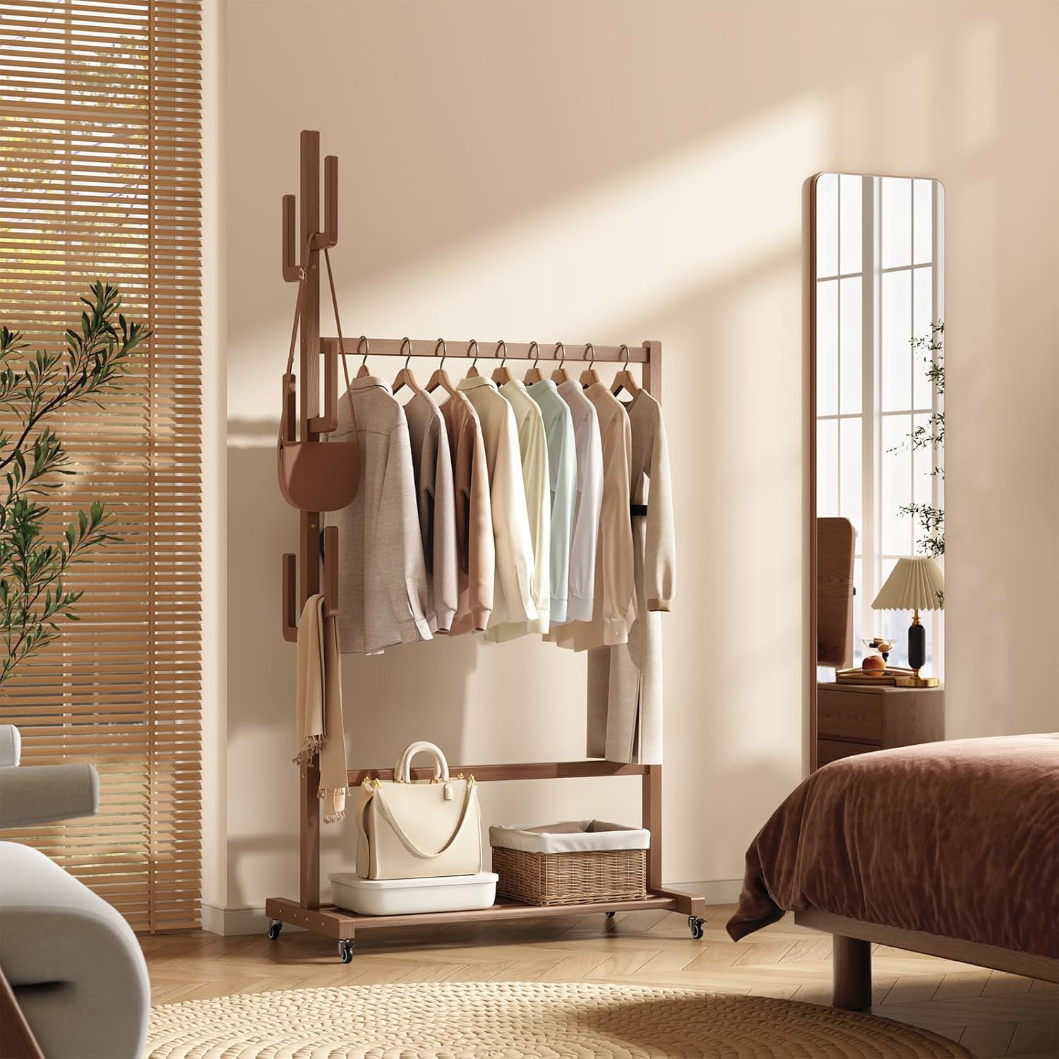 Foundry Select Solid Wood Clothing Rack with Wheels and Cactus Hooks ...