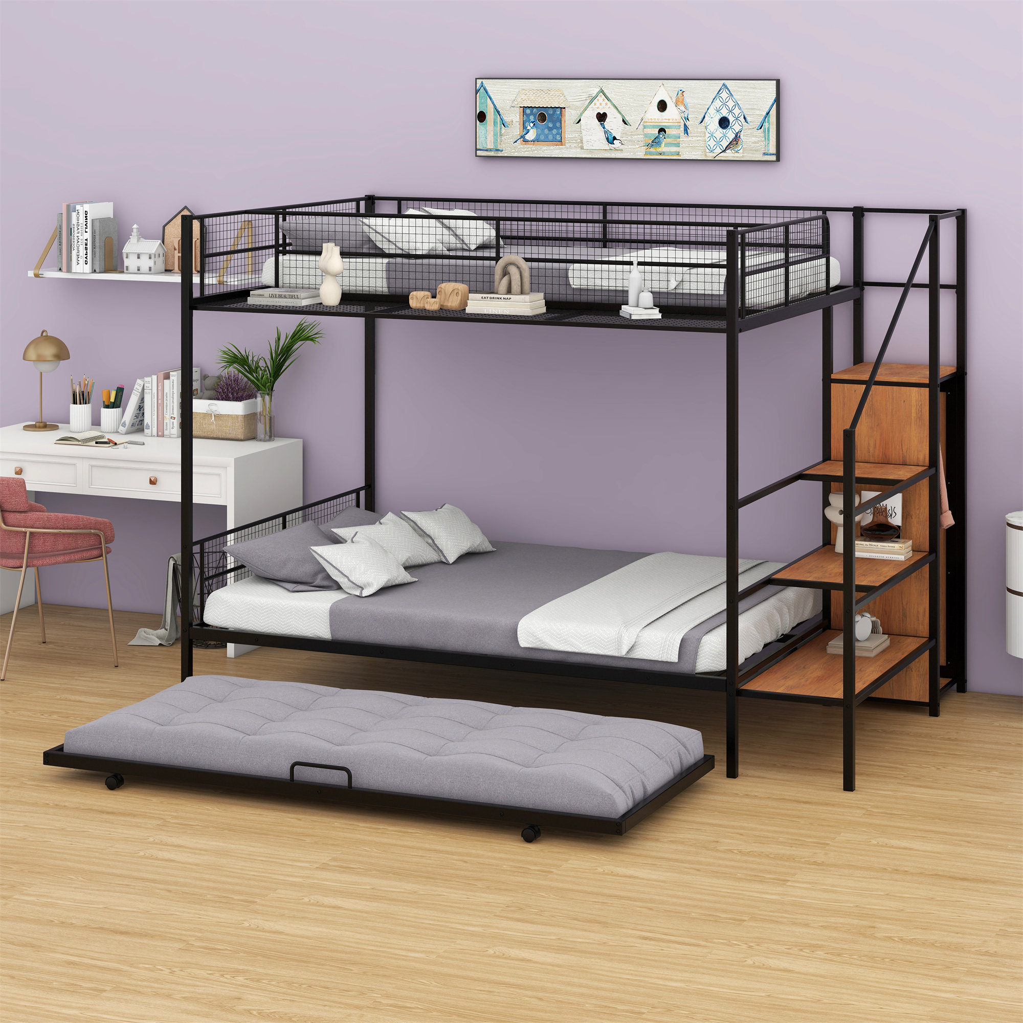 Mason & Marbles Metal Bunk Bed With Trundle And Lateral Storage Ladder ...