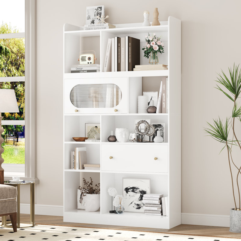 Zipcode Design™ Azariah 70" White Tall Bookcase with Glass Doors ...