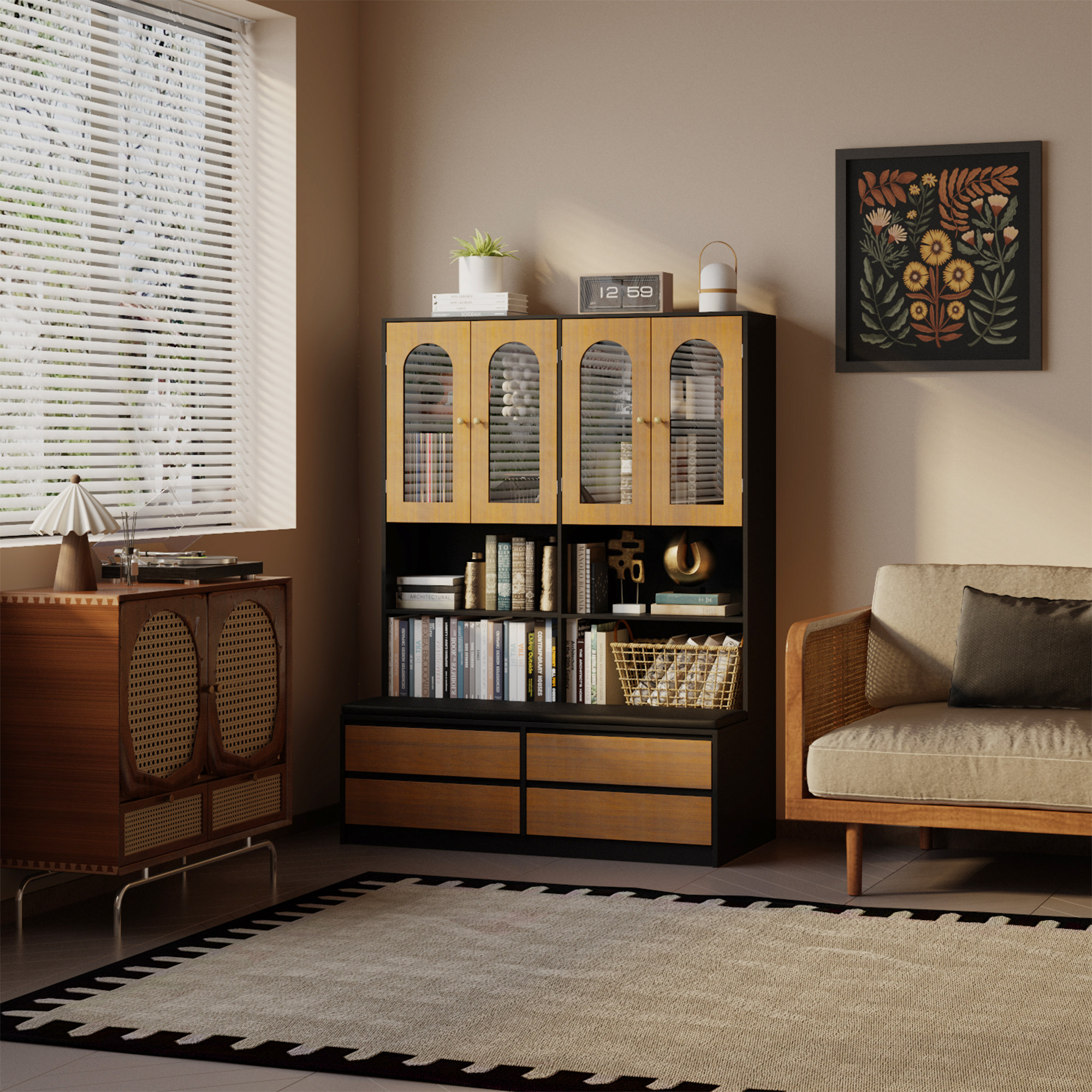 Latitude Run® 64'' H X 47'' W 4-Drawer Bookcase With Glass Door And ...