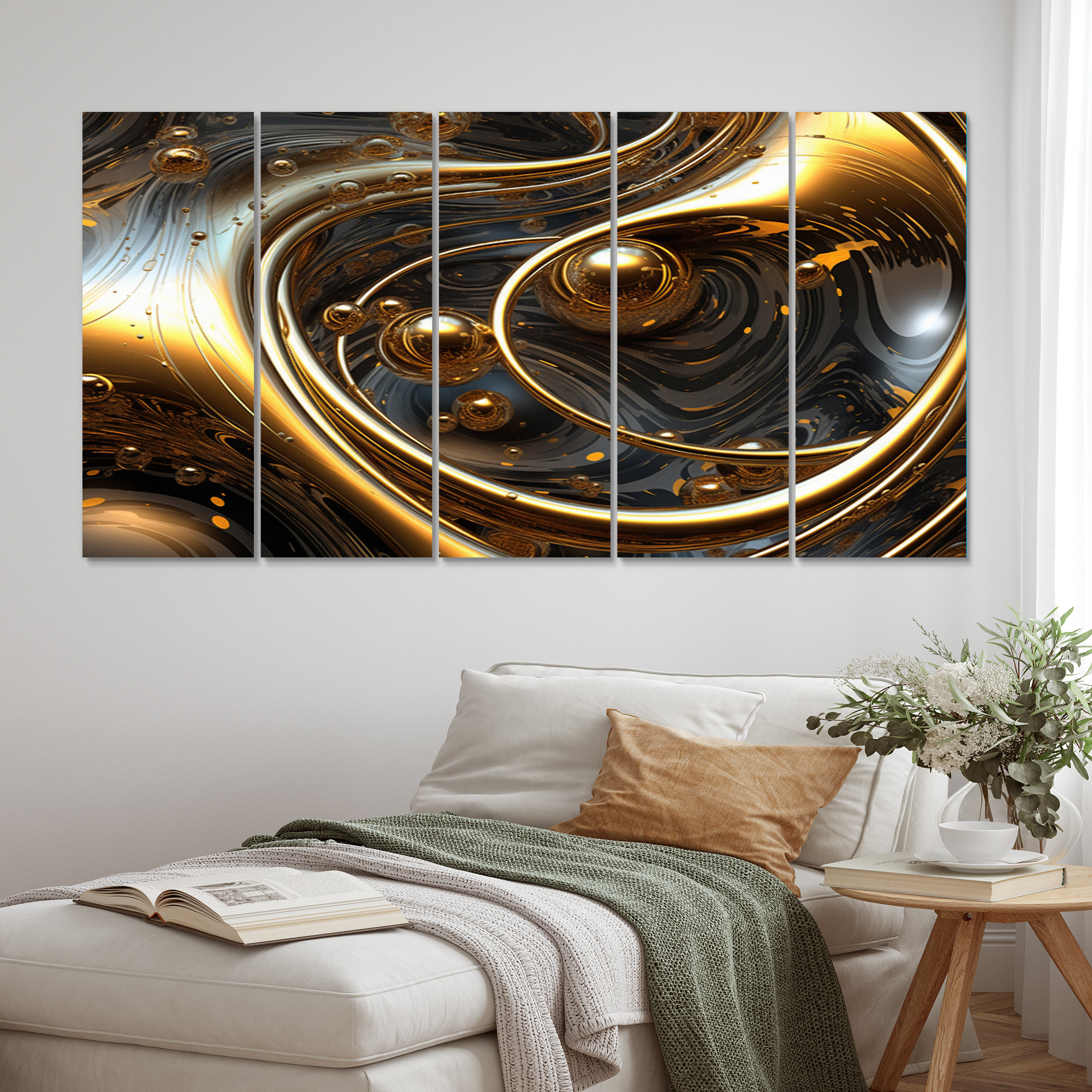 Mercer41 Gold Black Fractal Tide II - Fractals Metal Art Print Set ...