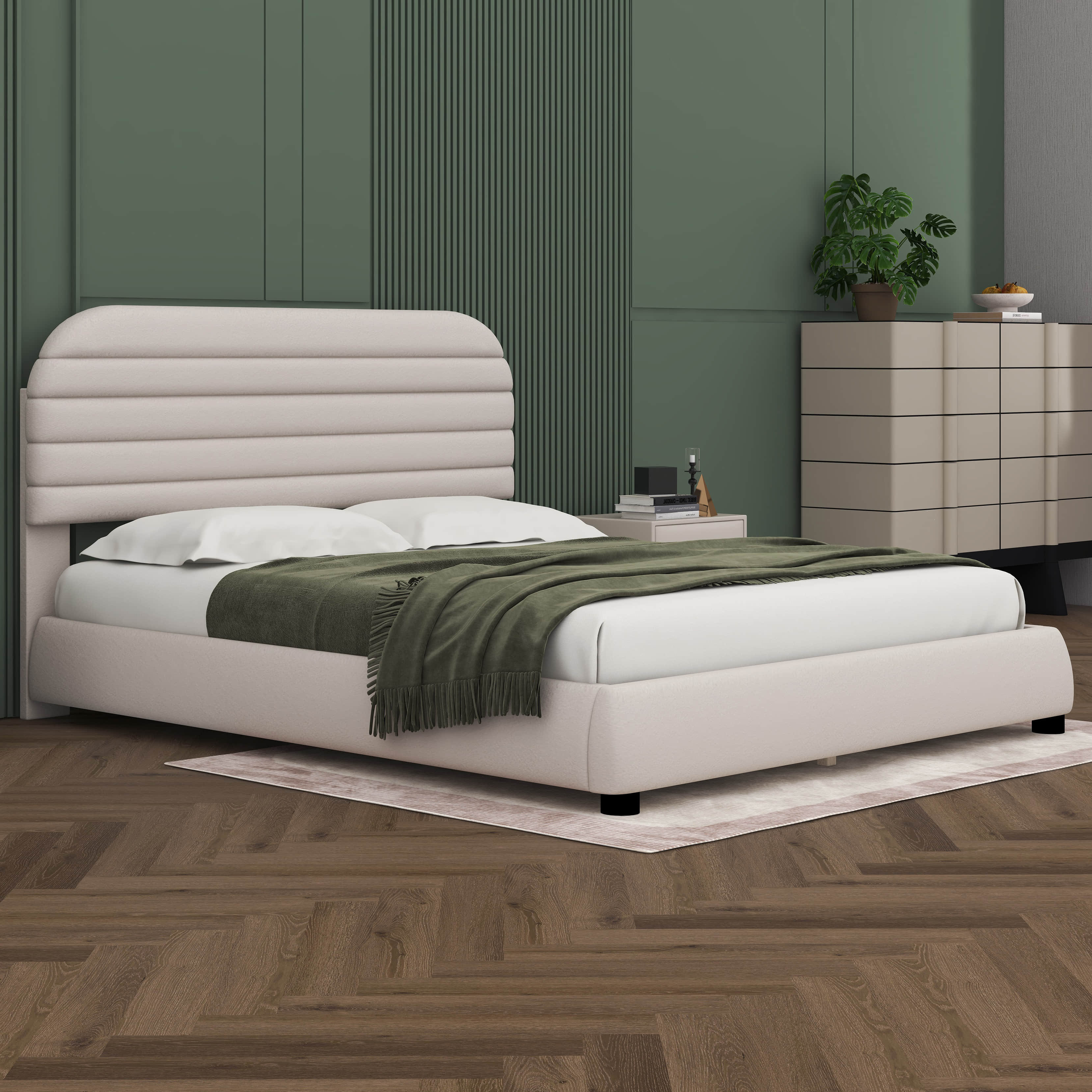 Mercer41 Queen Size Velvet Upholstered Platform Bed With Stylish Curve ...