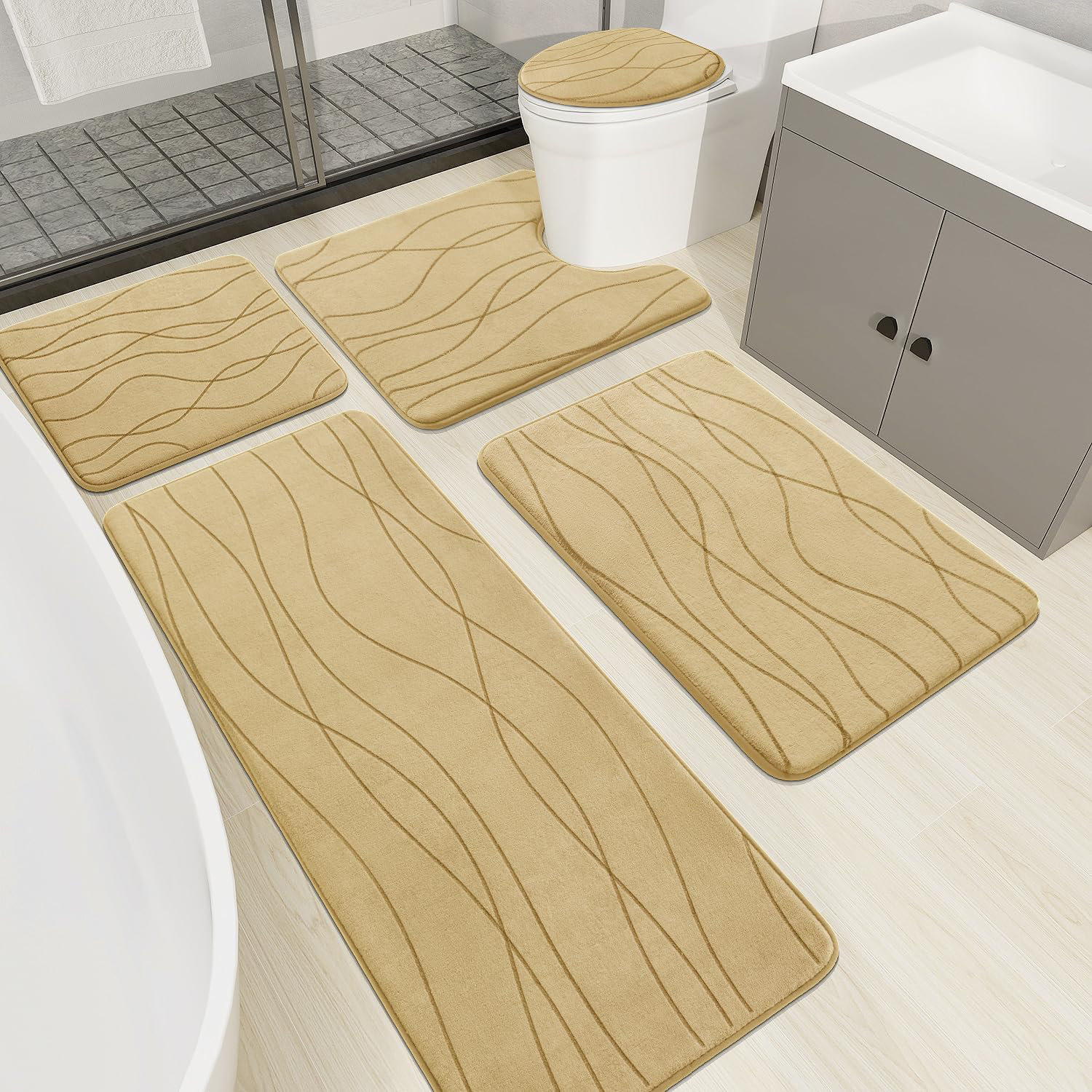 Ivy Bronx Memory Foam Beige Bathroom Rug Sets 5 Piece | Wayfair