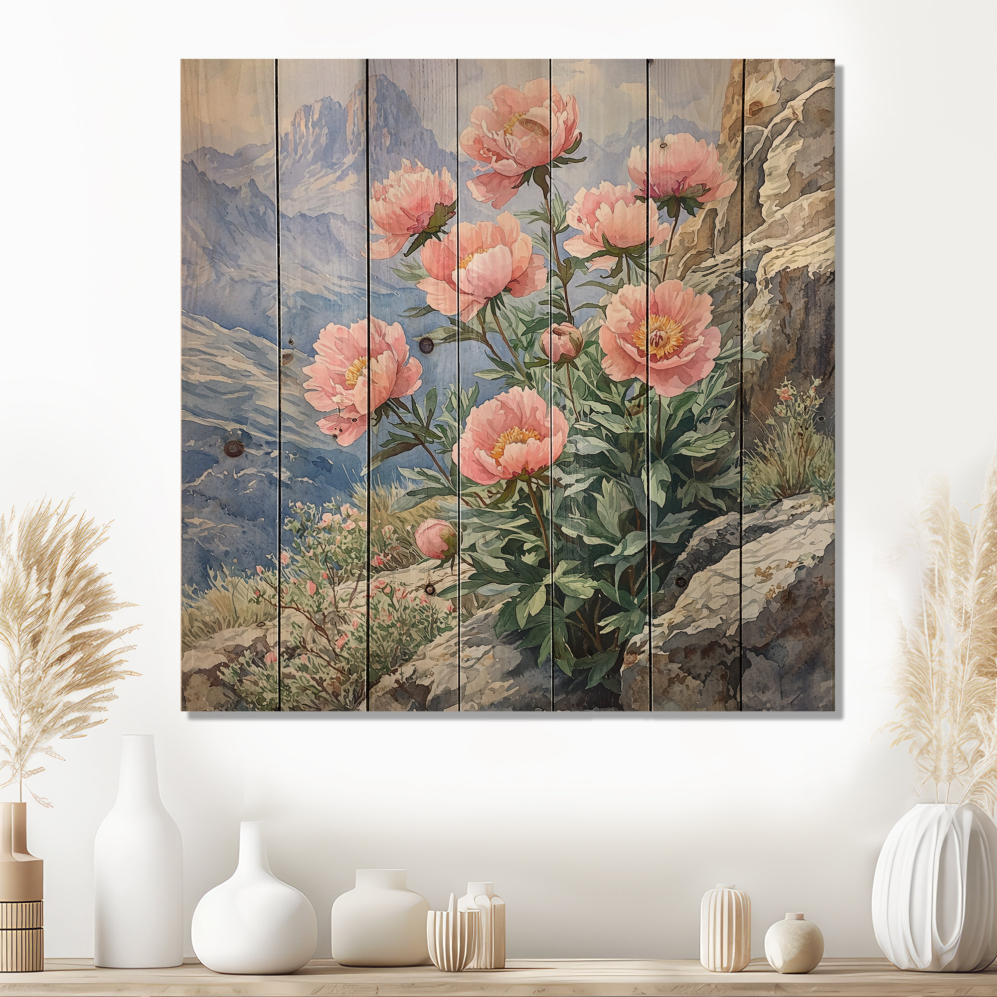 Ophelia & Co. Peonies On Mountain Cliffs Edge II - Peonies Wood Wall ...