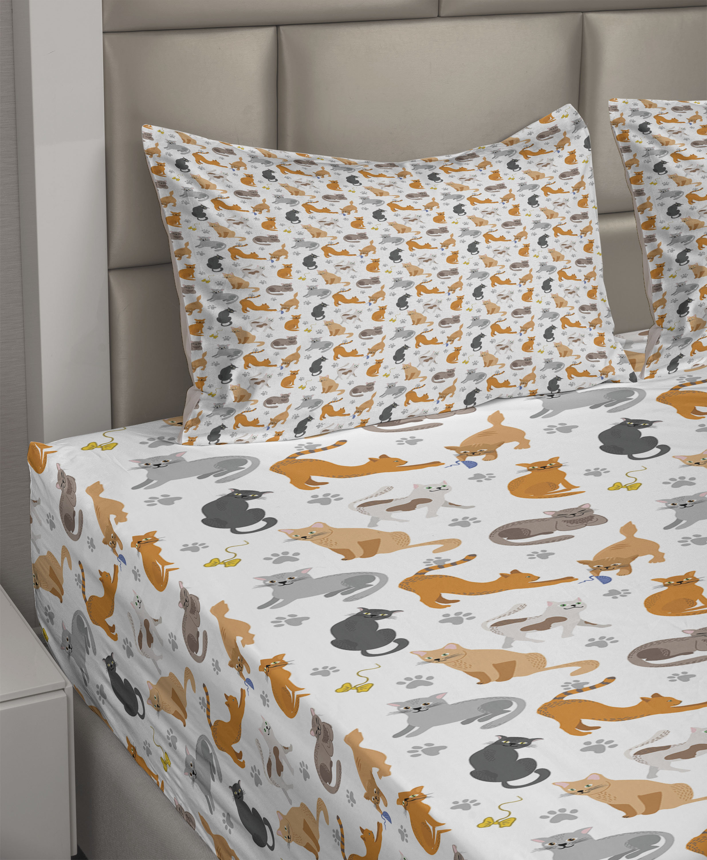 Ambesonne Cat Sheet Set Cartoon Kittens and Paw Prints Pale Vermilion ...