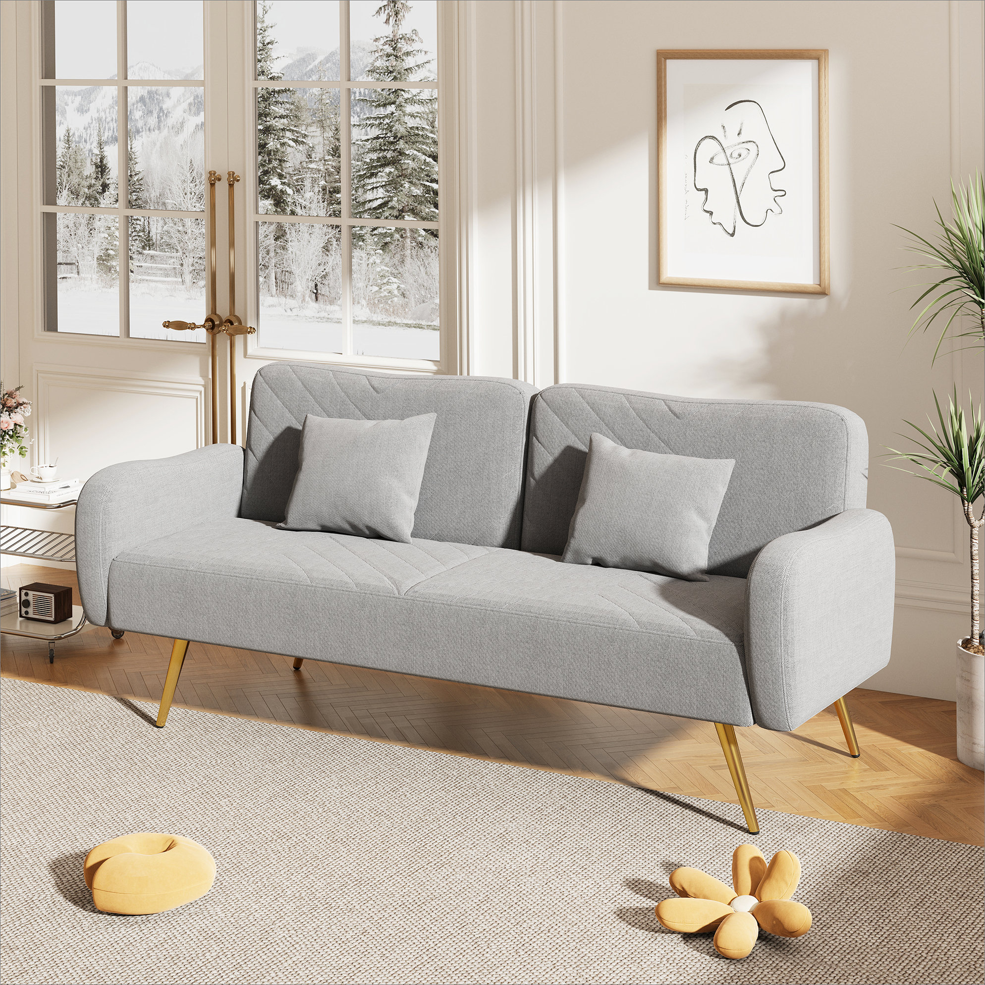 Mercer41 70.47" Fabric Double Sofa with Split Backrest and Two Throw ...