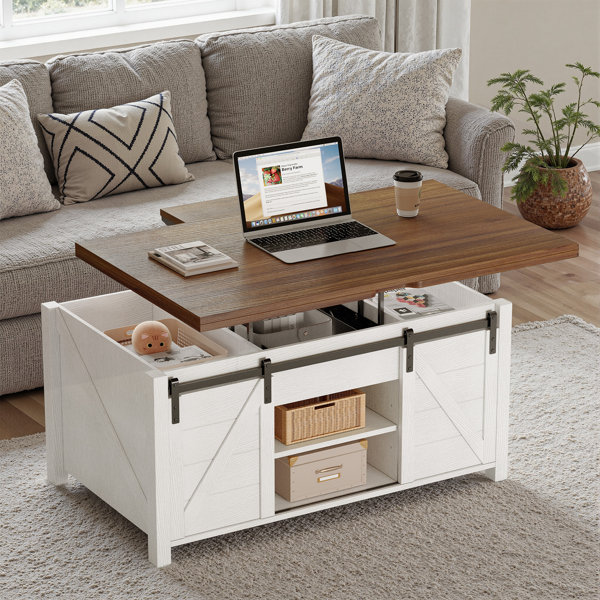 Gracie Oaks Farmhouse Lift Top Coffee Table With Sliding Barn Door ...