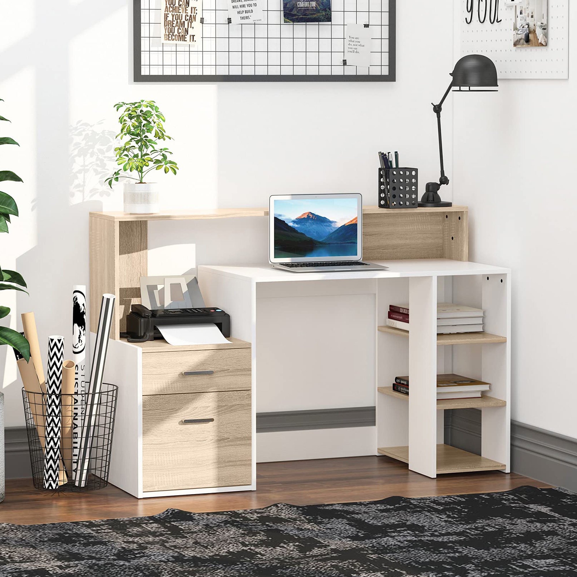 Ebern Designs Computer Desk with Drawers and Storage Shelves | Wayfair ...