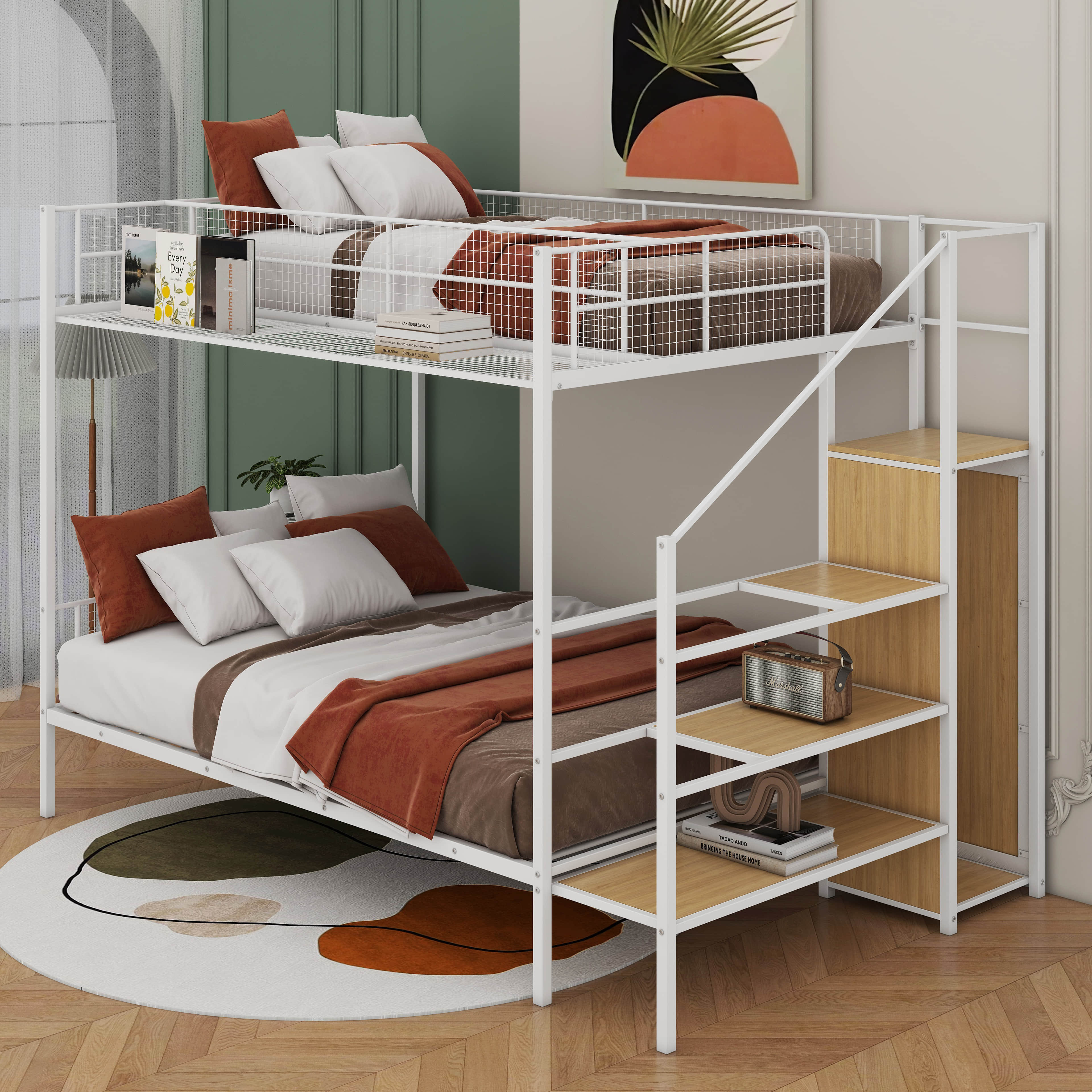 Latitude Run® Twin Over Full Metal Bunk Bed With Wire Shelving And ...