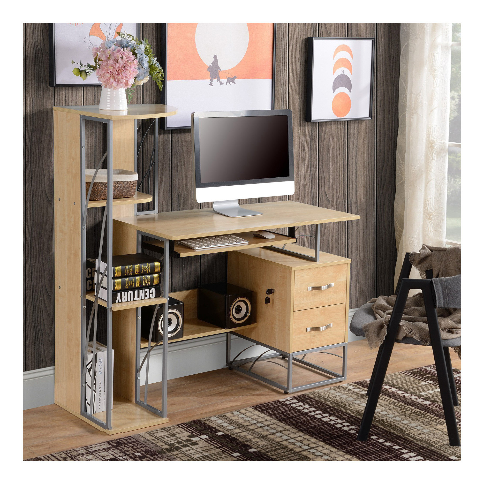 George Oliver Modern Computer Desk with 4-Tier Bookshelf, Home Office ...