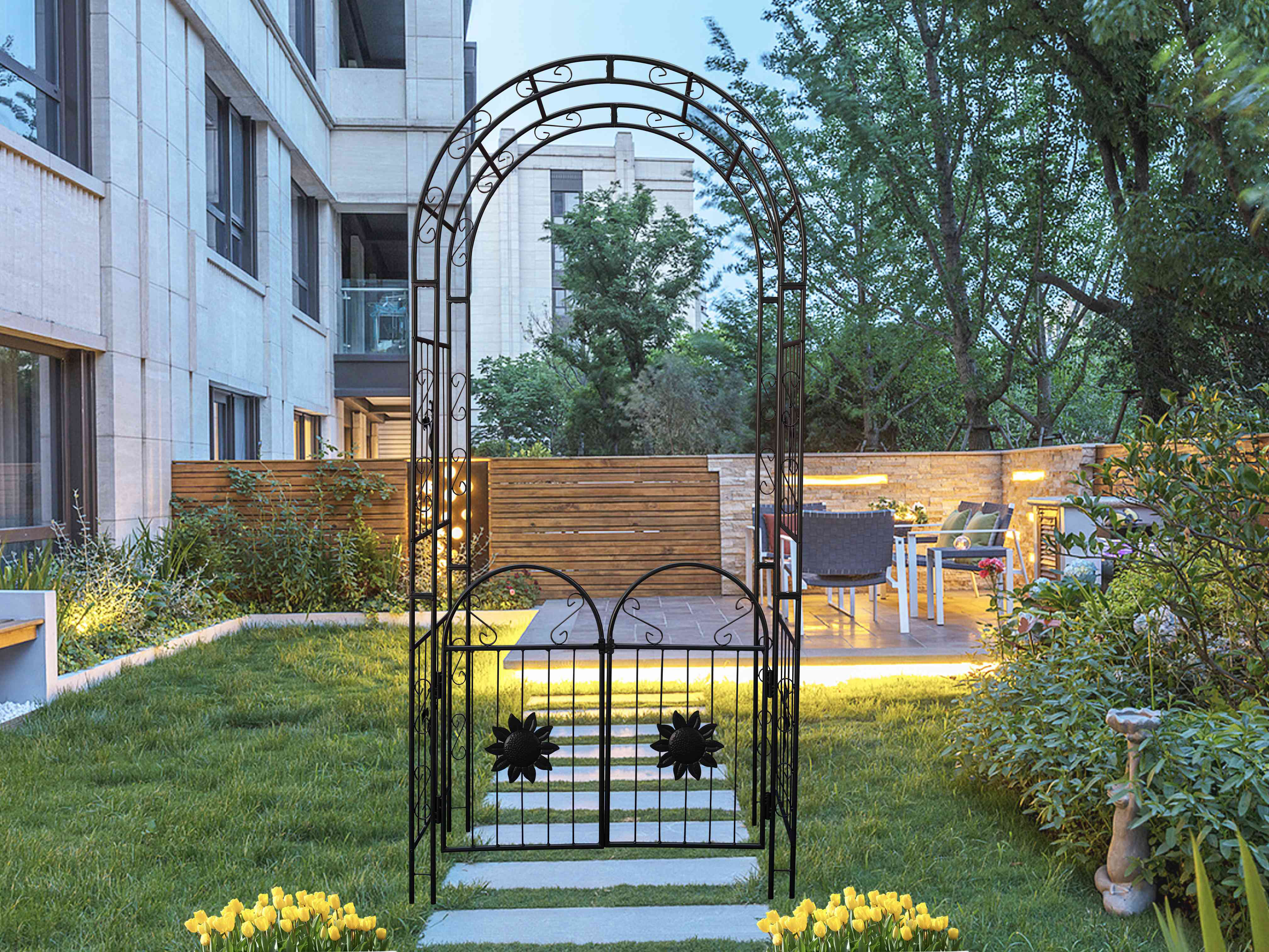 Lark Manor™ Metal Garden Arch With Doors Garden Arbor Trellis Climbing ...