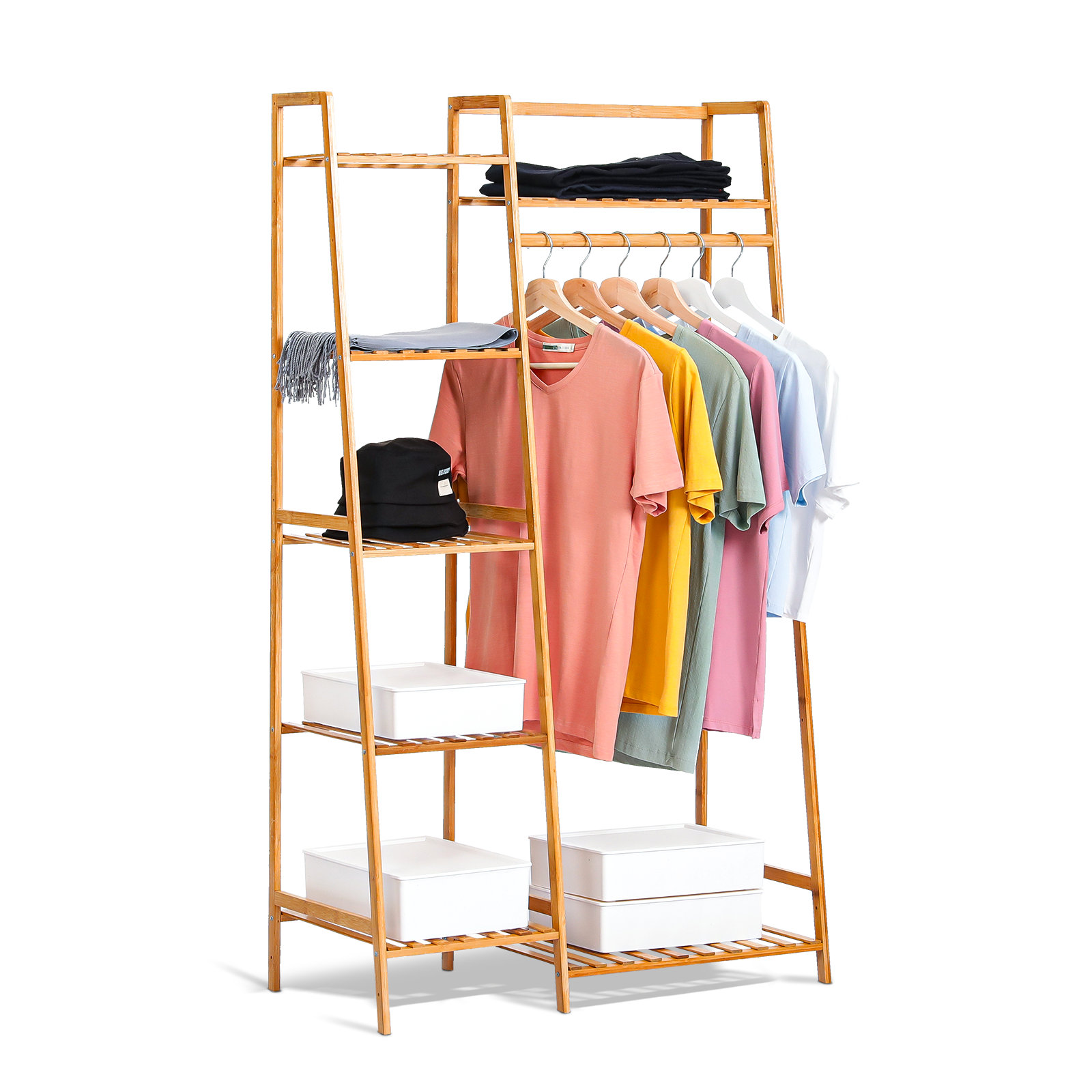 Rebrilliant Bamboo 5-Tier Trapezoid Coat Rack Stable Clothing Storage ...