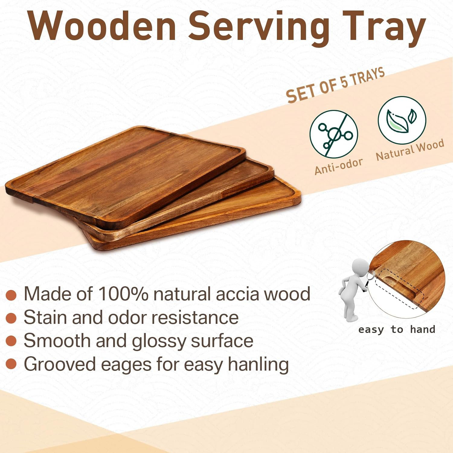 Millwood Pines 5 Pack Solid Acacia Wood Serving Trays, Rectangular ...